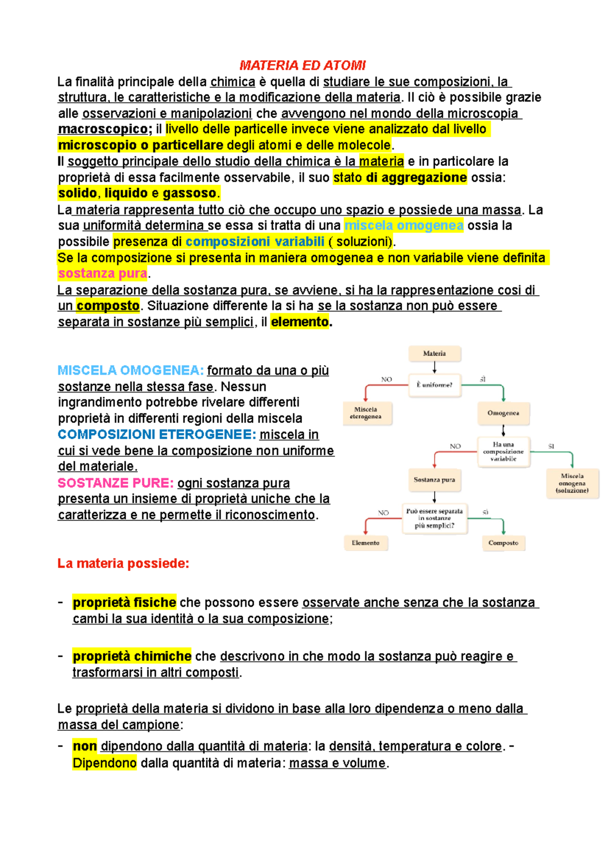 Chimica lez 1 riassunto - MATERIA ED ATOMI La finalità principale della ...