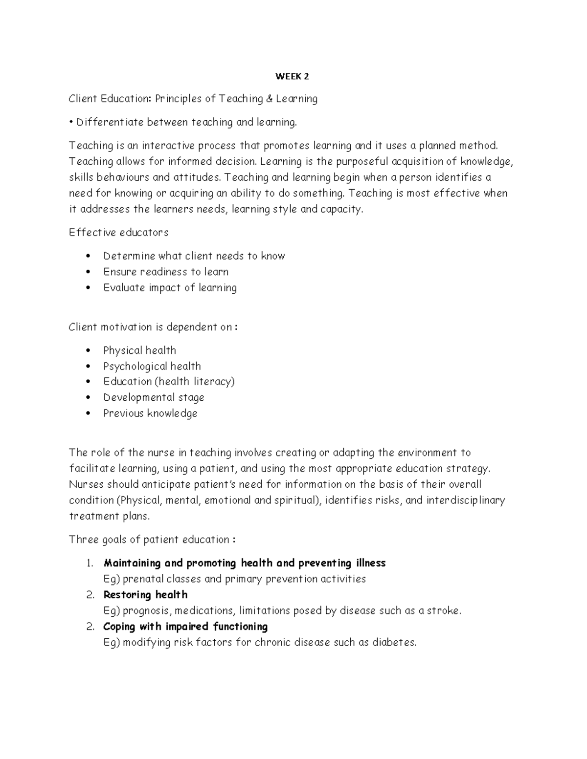 Mid term notes - WEEK 2 Client Education: Principles of Teaching ...