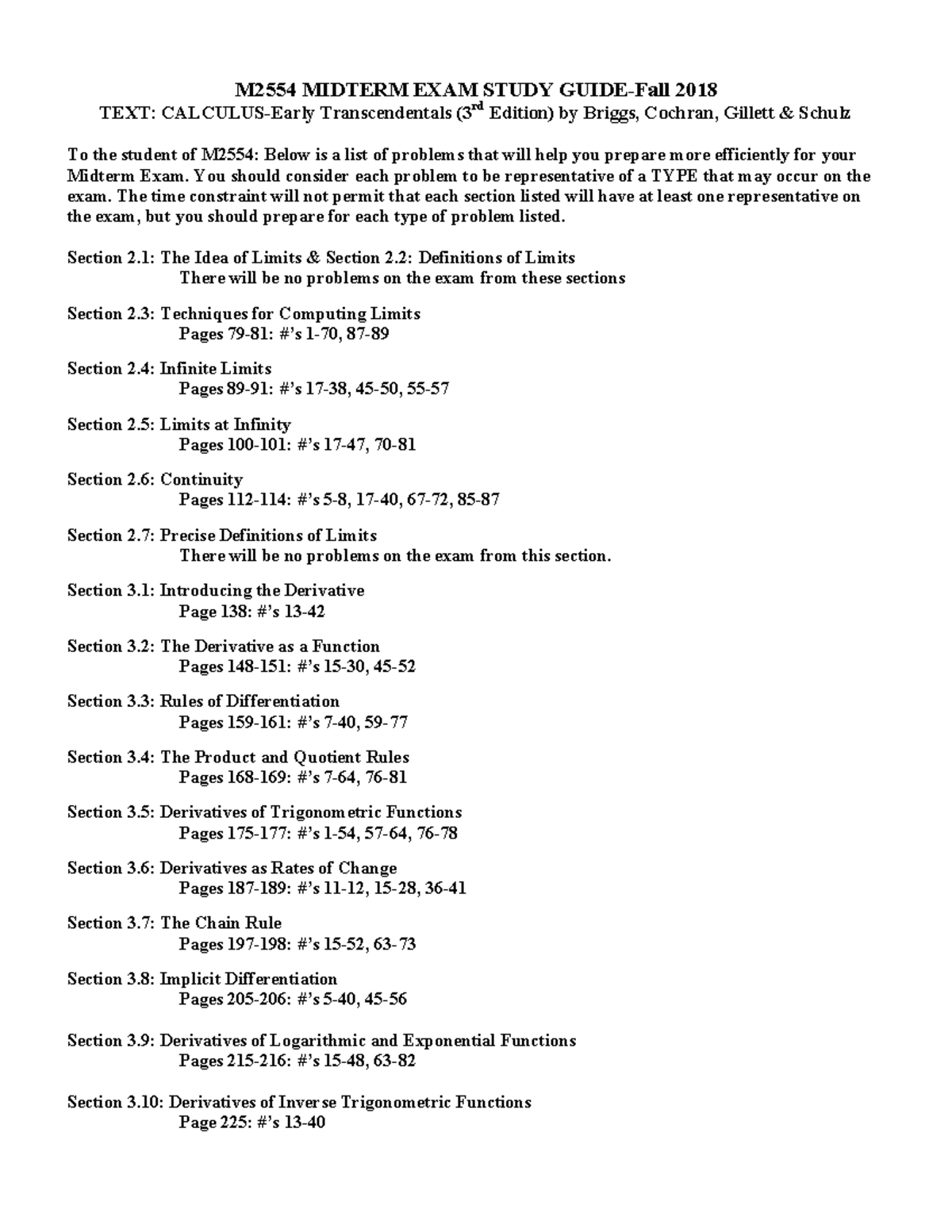 Cal 1 Midterm Study Guide Fall 2018 - M2554 MIDTERM EXAM STUDY GUIDE ...