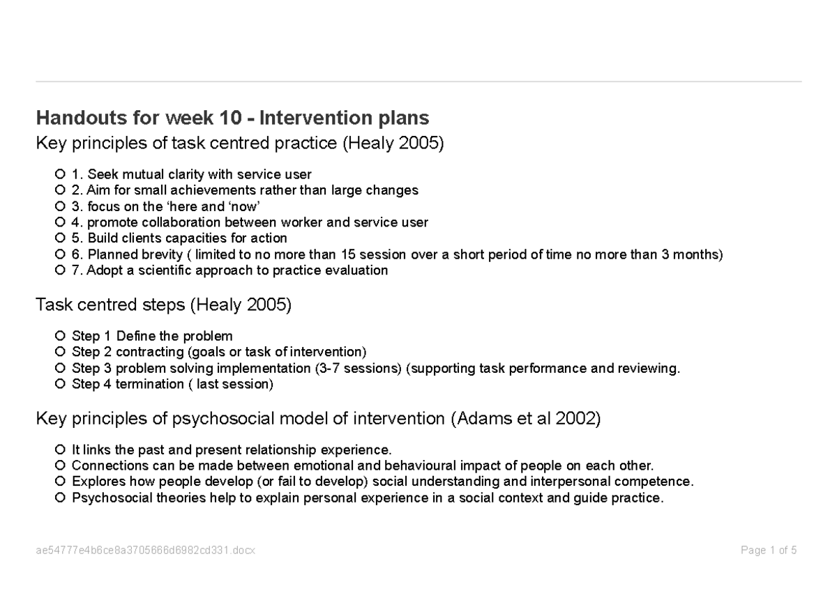 Handout for Week 10 - notes - Handouts for week 10 - Intervention plans ...