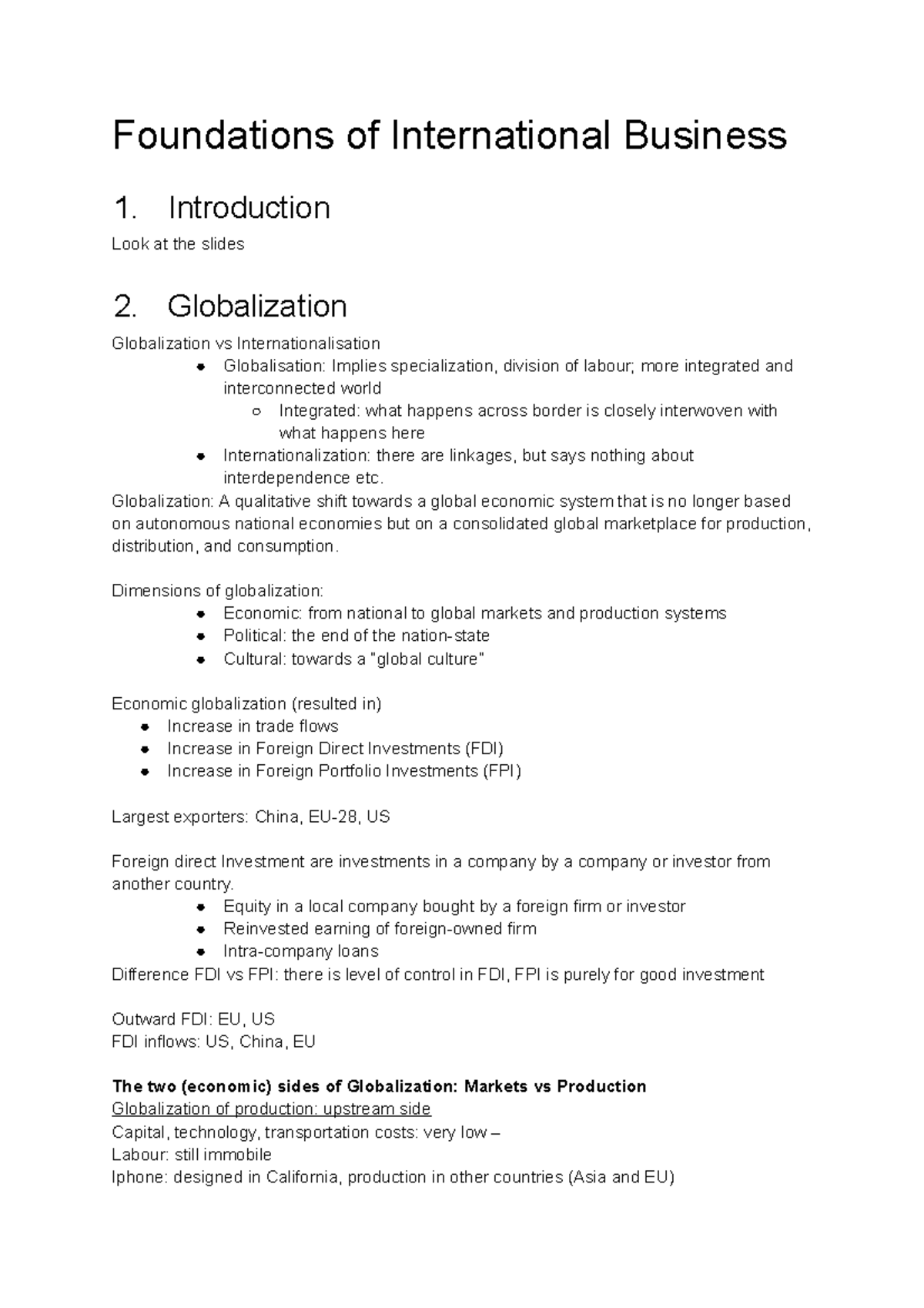 FIB Samenvatting - Slides en extra notities - Foundations of International Business 1 ...