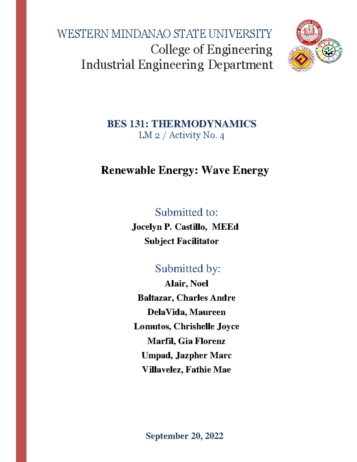 BES 131 Thermodynamics Group 3 Wave Energy - WESTERN MINDANAO STATE ...