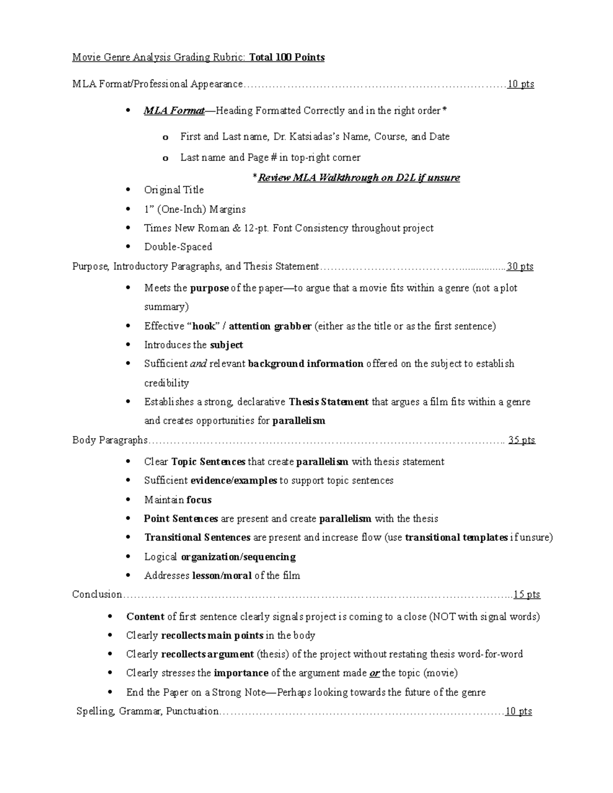 Movie Genre Analysis Rubric - Movie Genre Analysis Grading Rubric ...