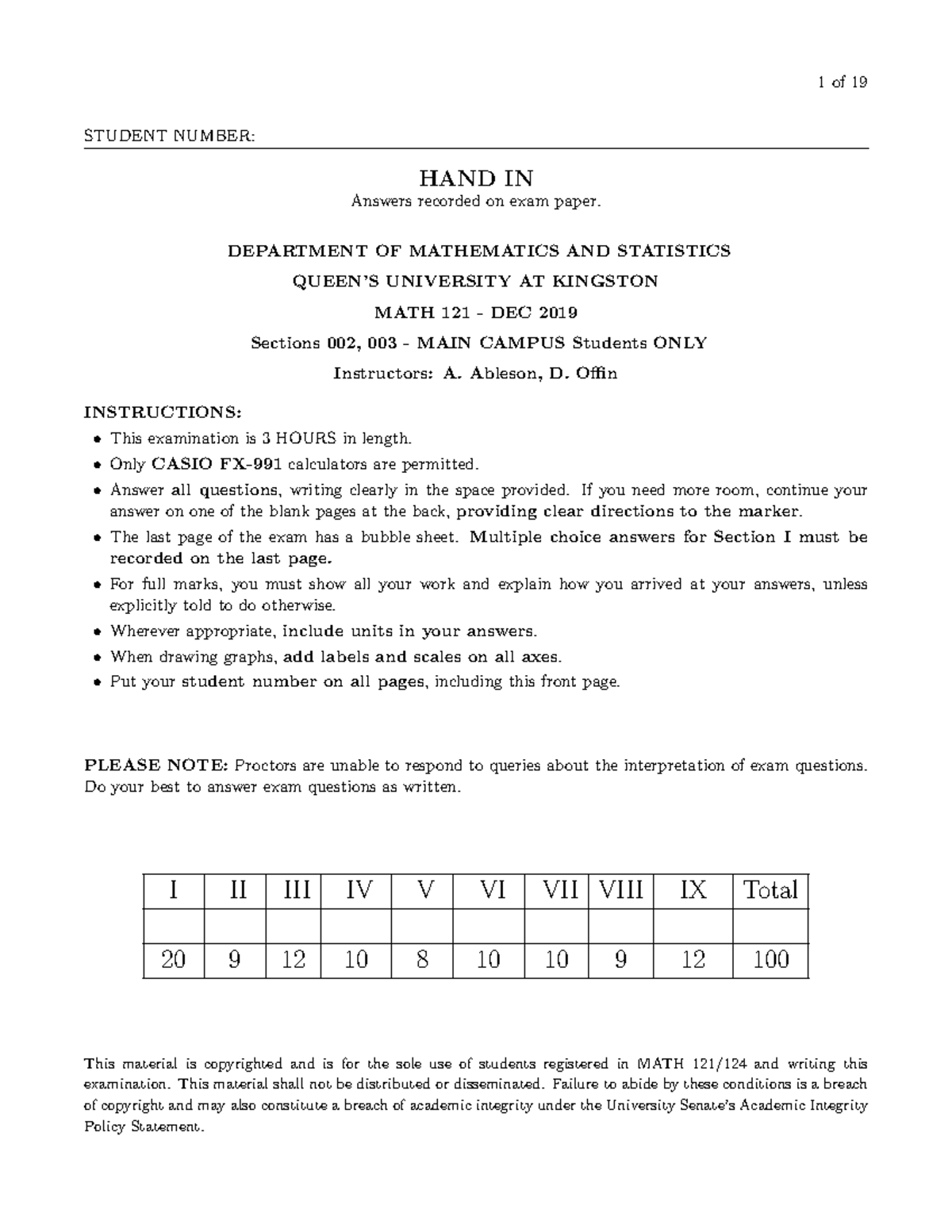 Fall 2019 Main - Exam review - STUDENT NUMBER: HAND IN Answers recorded ...