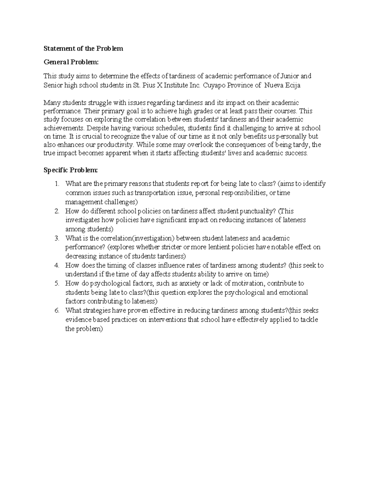 Statement of the problem of tardiness - Statement of the Problem ...