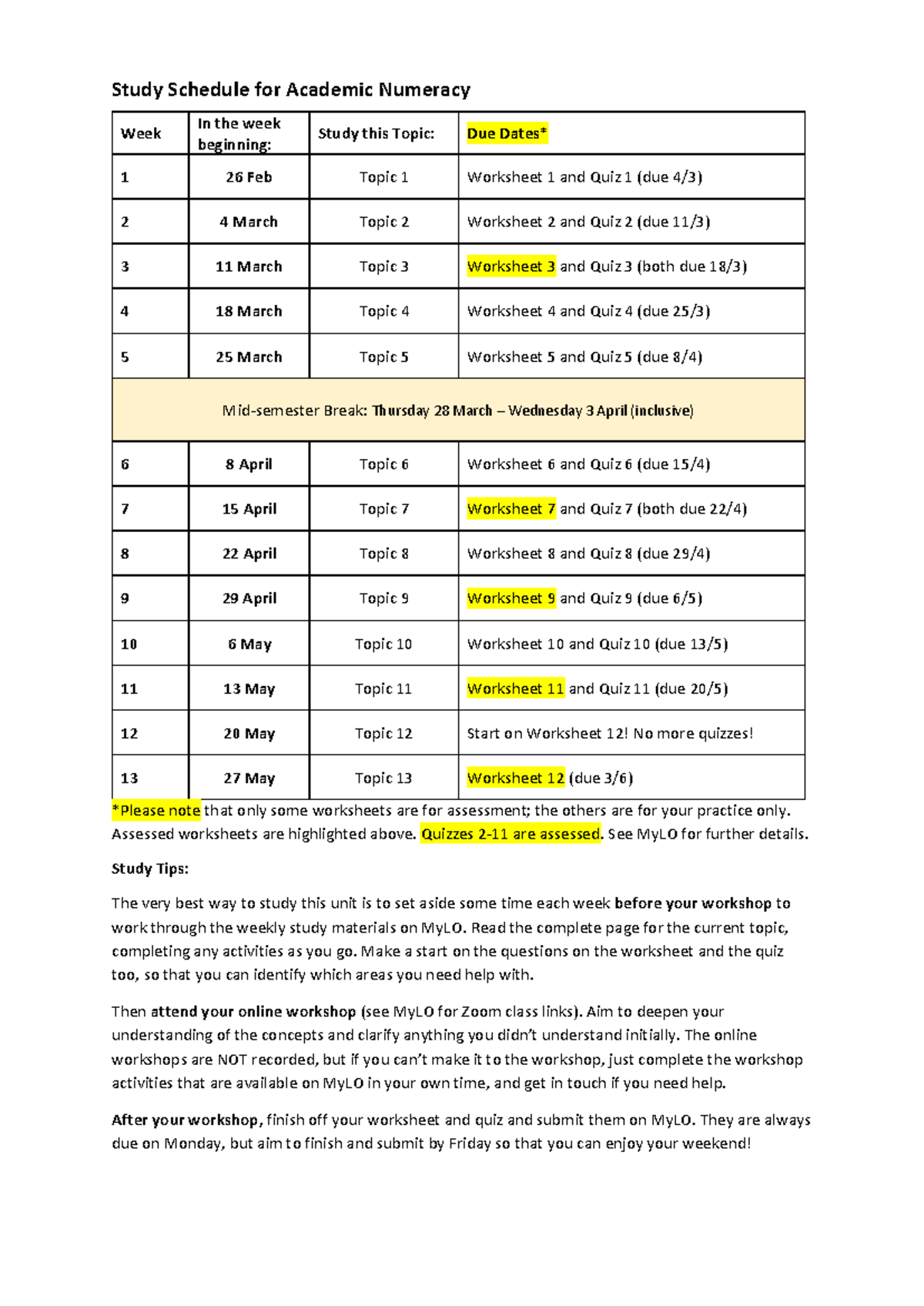 Study Schedule Numeracy - Study Schedule for Academic Numeracy Week In ...