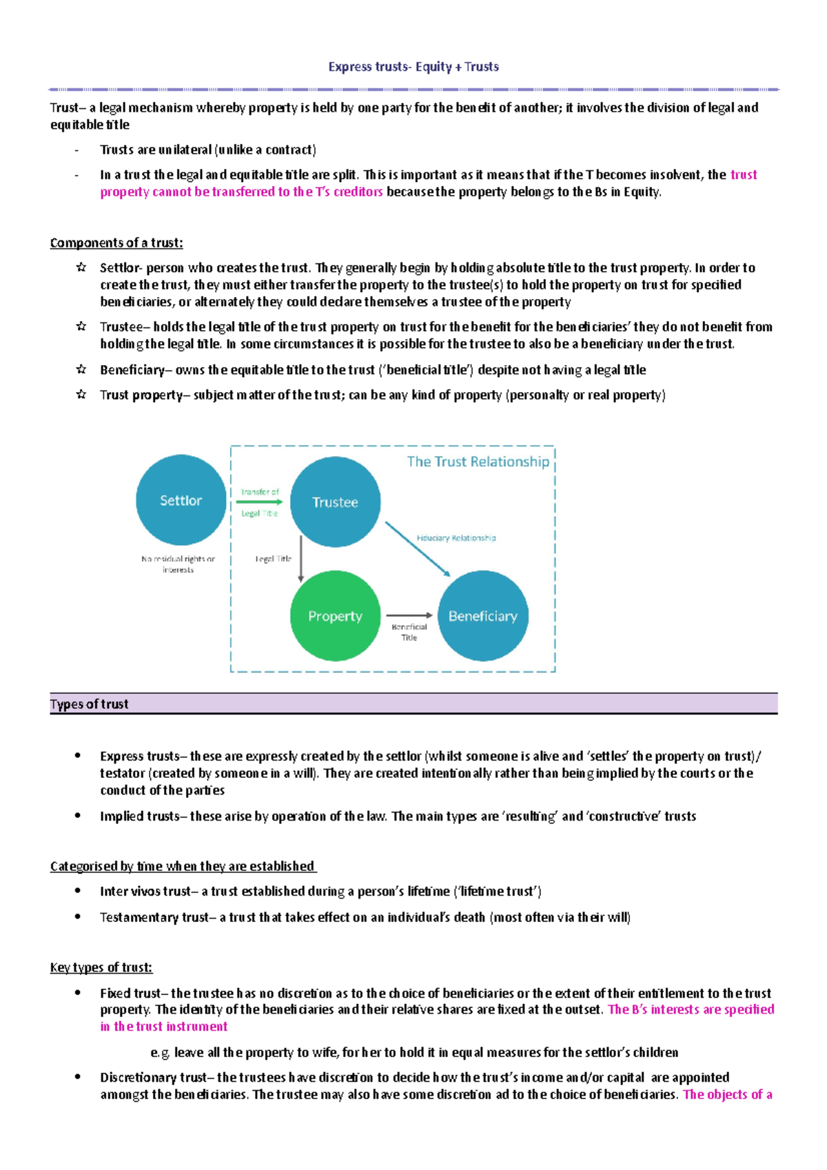 Express trusts - This is important as it means that if the T becomes ...
