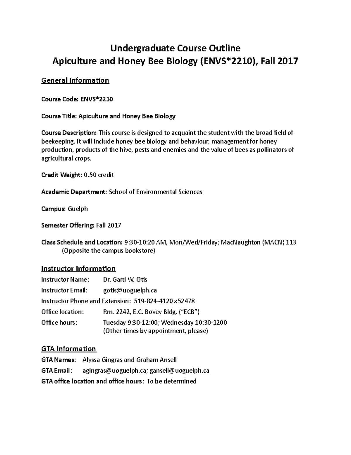 ENVS2210 Apiculture Honey Bee Biology- Course Outline- F-17-updated ...
