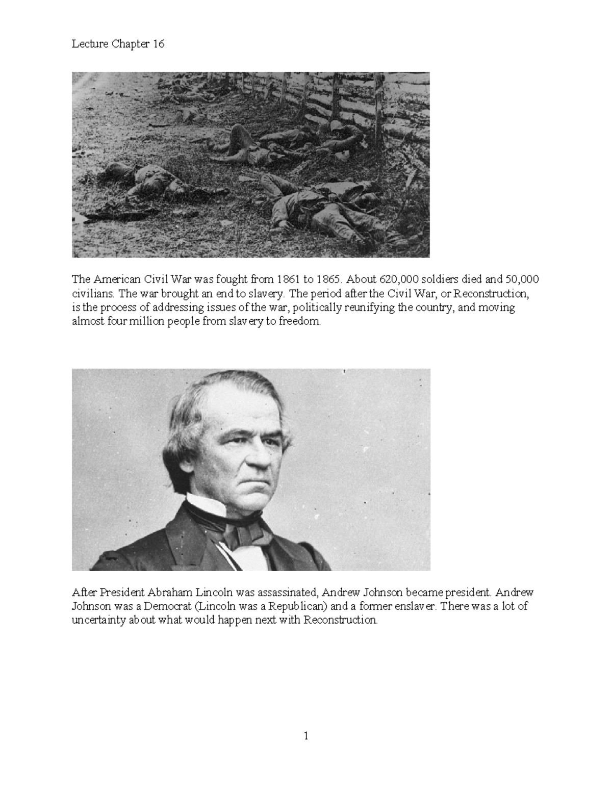 Lecture Chapter 16 - The American Civil War was fought from 1861 to ...