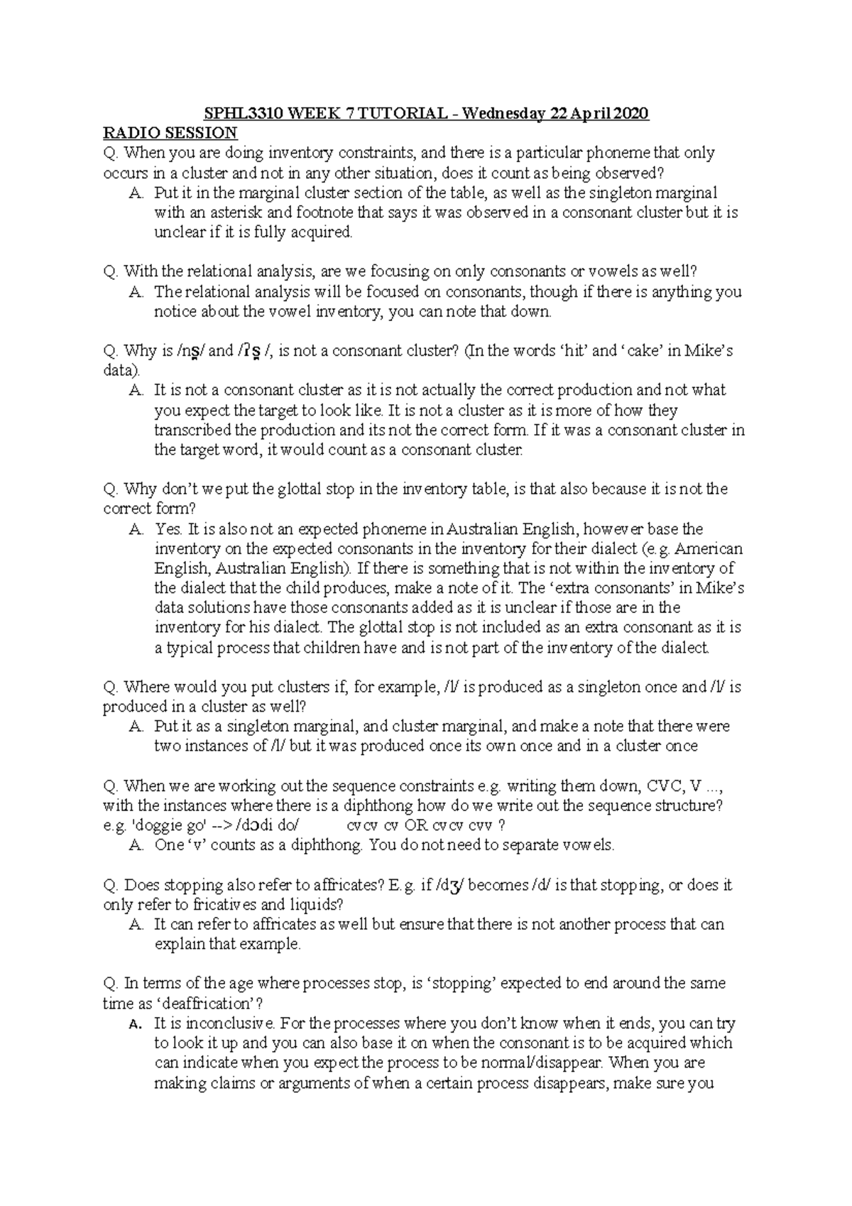 SPHL3310 W7 T - Tutorial notes with reference to lecture - SPHL3310 ...