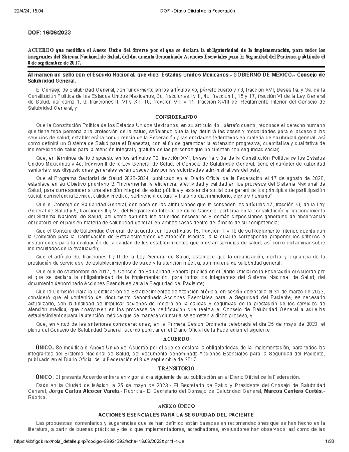 Acciones esenciales para la seguidad del paciente- Dgces 16junio 2023 ...