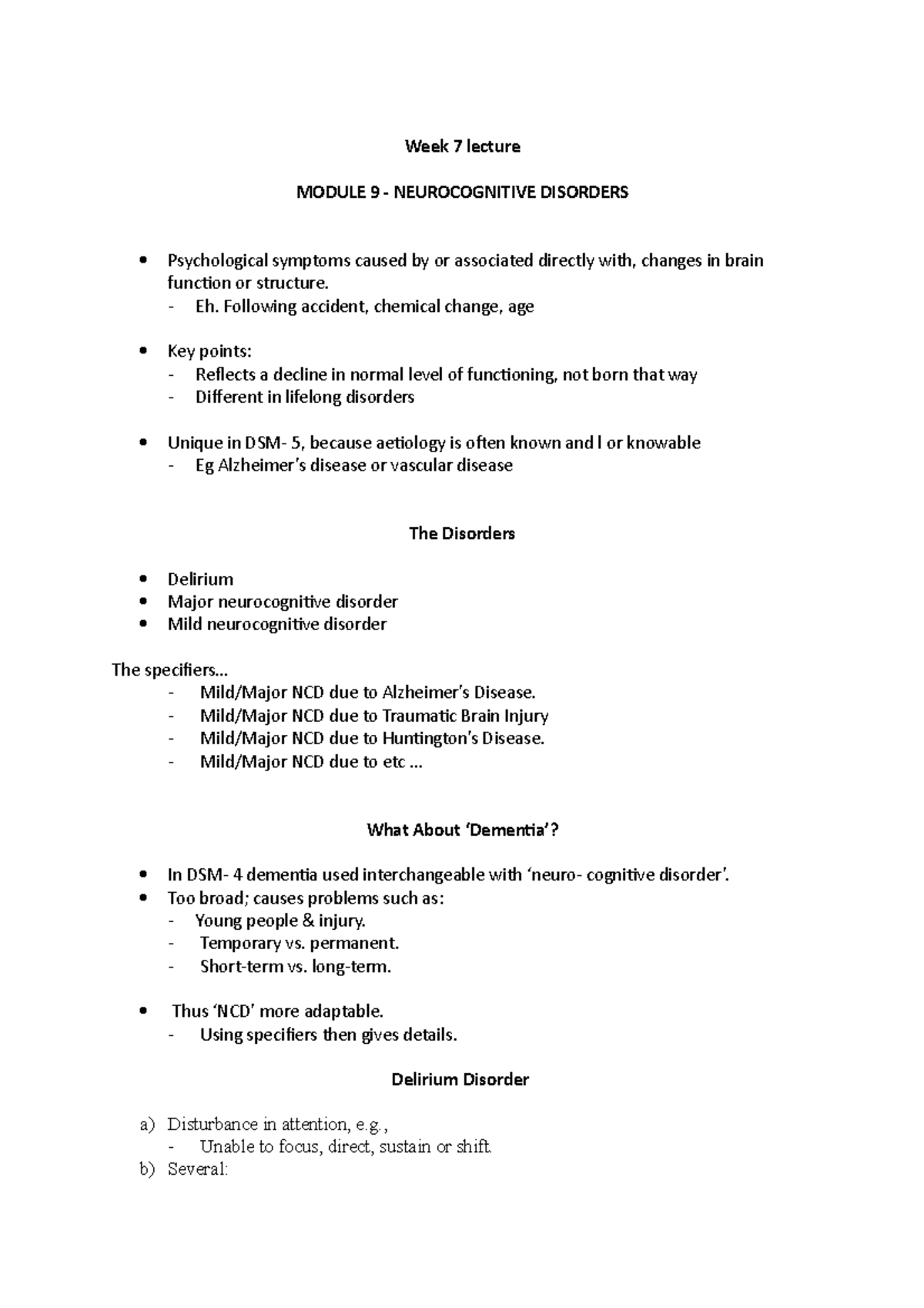 Week 7 lecture - notes - Week 7 lecture MODULE 9 - NEUROCOGNITIVE ...