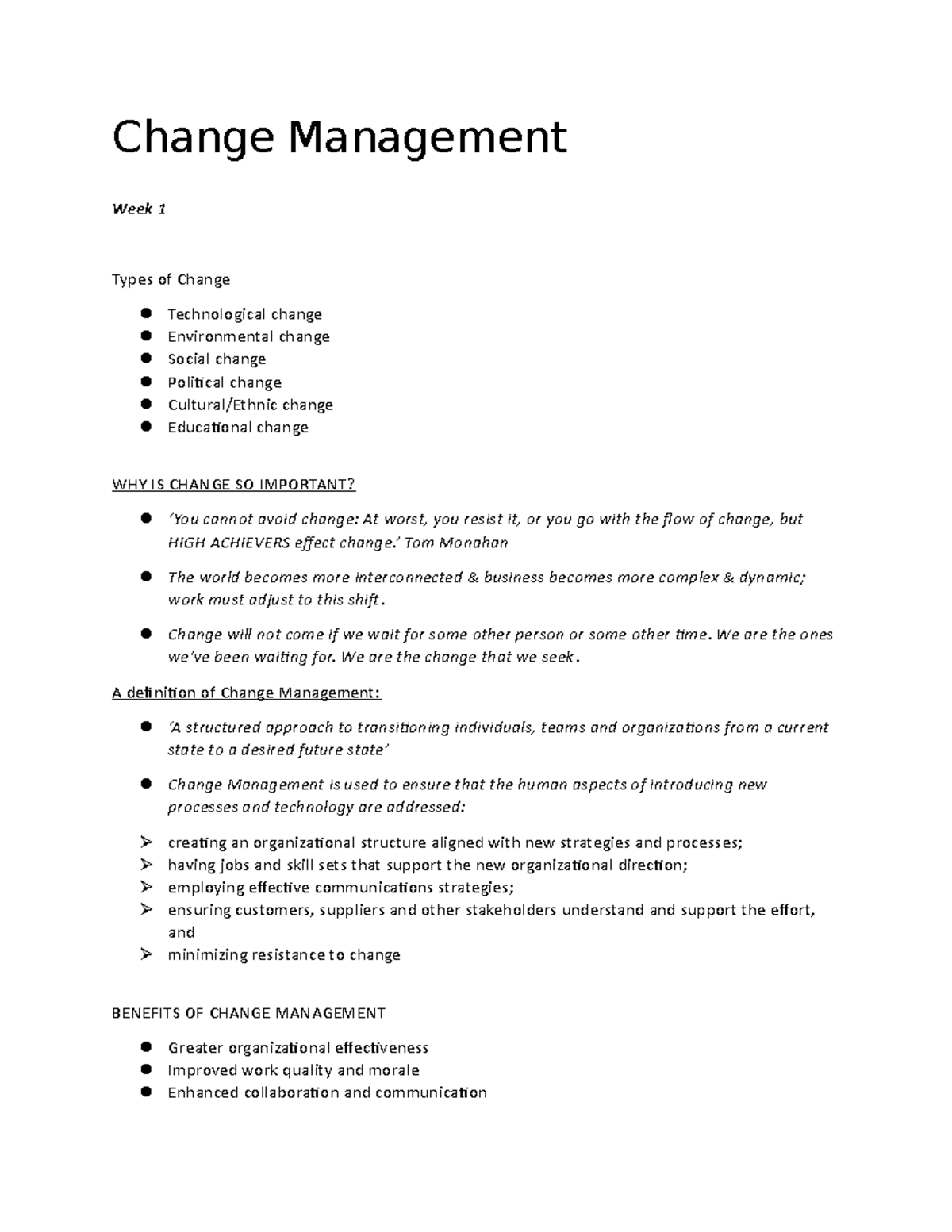 Change Management - Summary W 1 - 6, 2 - Change Management Week 1 Types ...