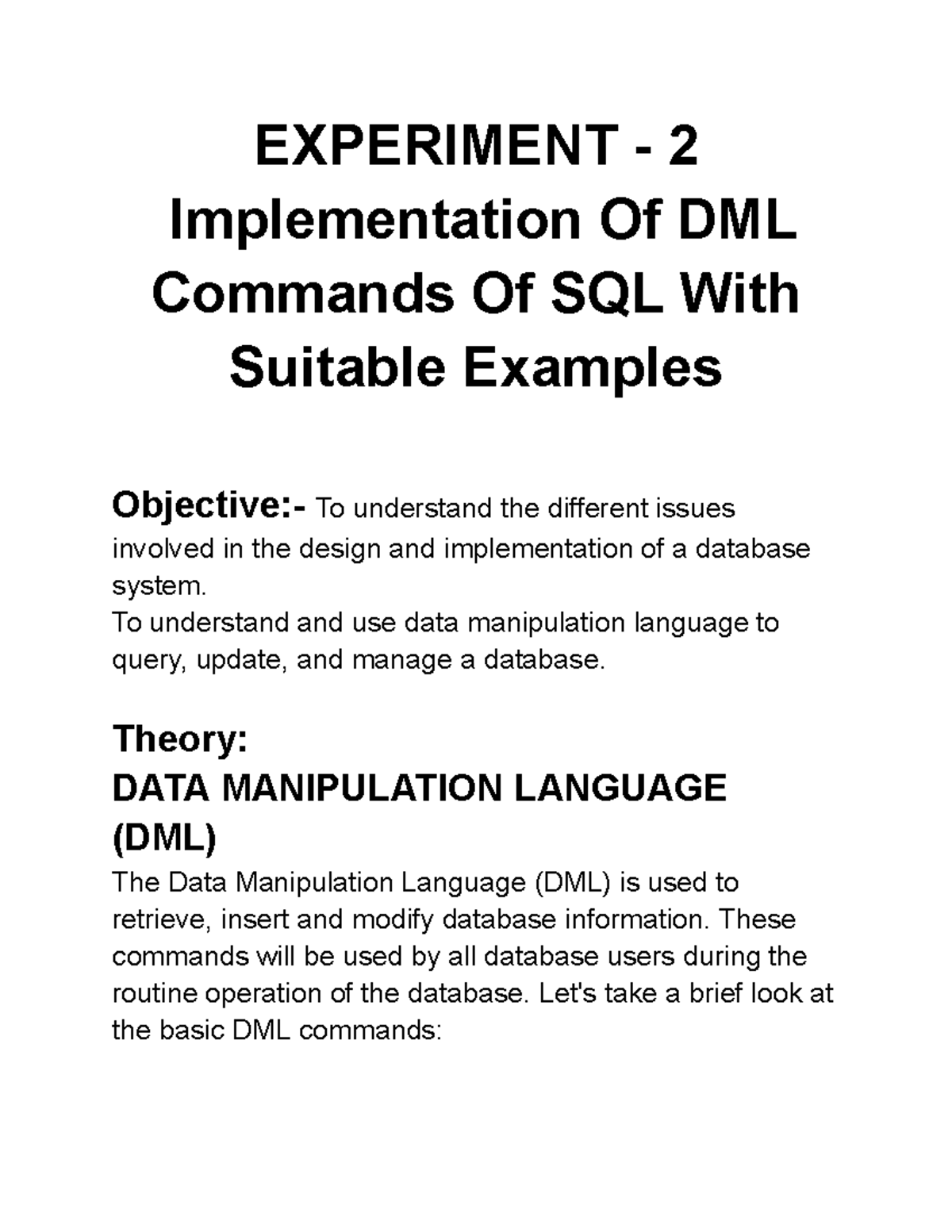 DBMS Experiment 2 - Implementation of - EXPERIMENT - 2 Implementation Of DML Commands Of SQL ...