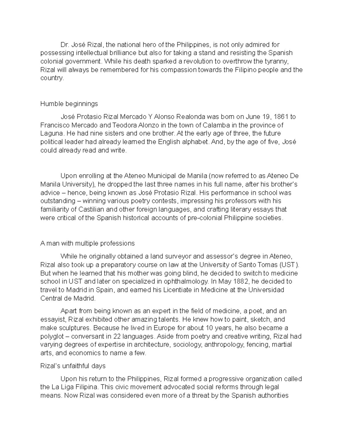 The life of Dr. Jose Rizal - Dr. José Rizal, the national hero of the ...