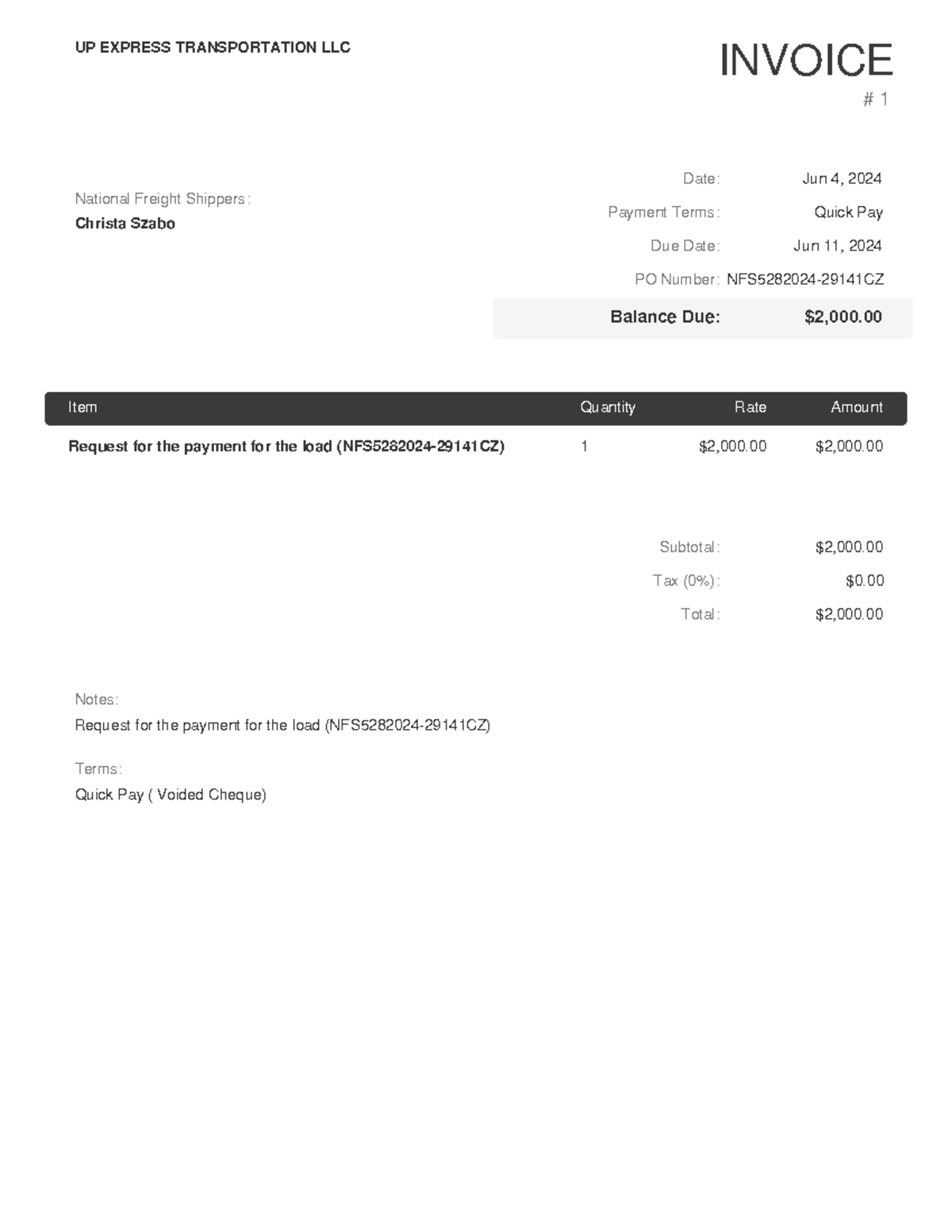 Invoice 1 - INVOICE # 1 UP EXPRESS TRANSPORTATION LLC National Freight ...