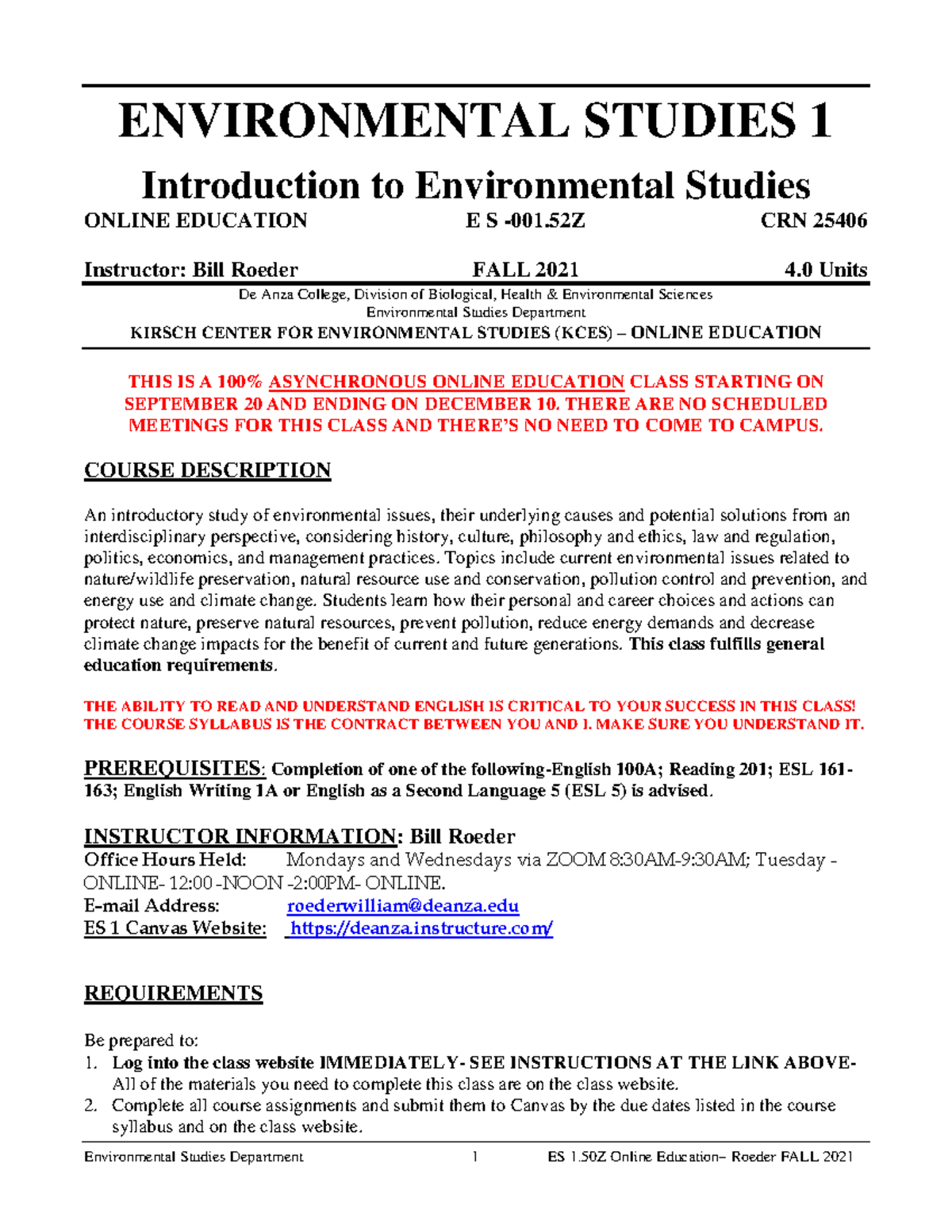 Syllabus - ES1 = ESCI1 - ENVIRONMENTAL STUDIES 1 Introduction to ...