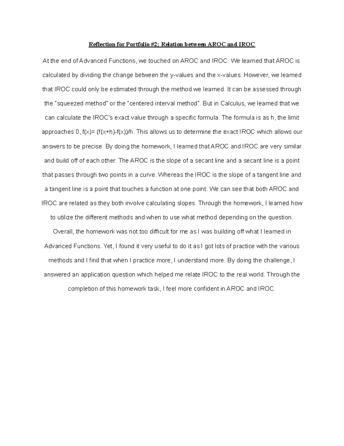 Reflection for Portfolio #2; Relation between AROC and IROC - We ...