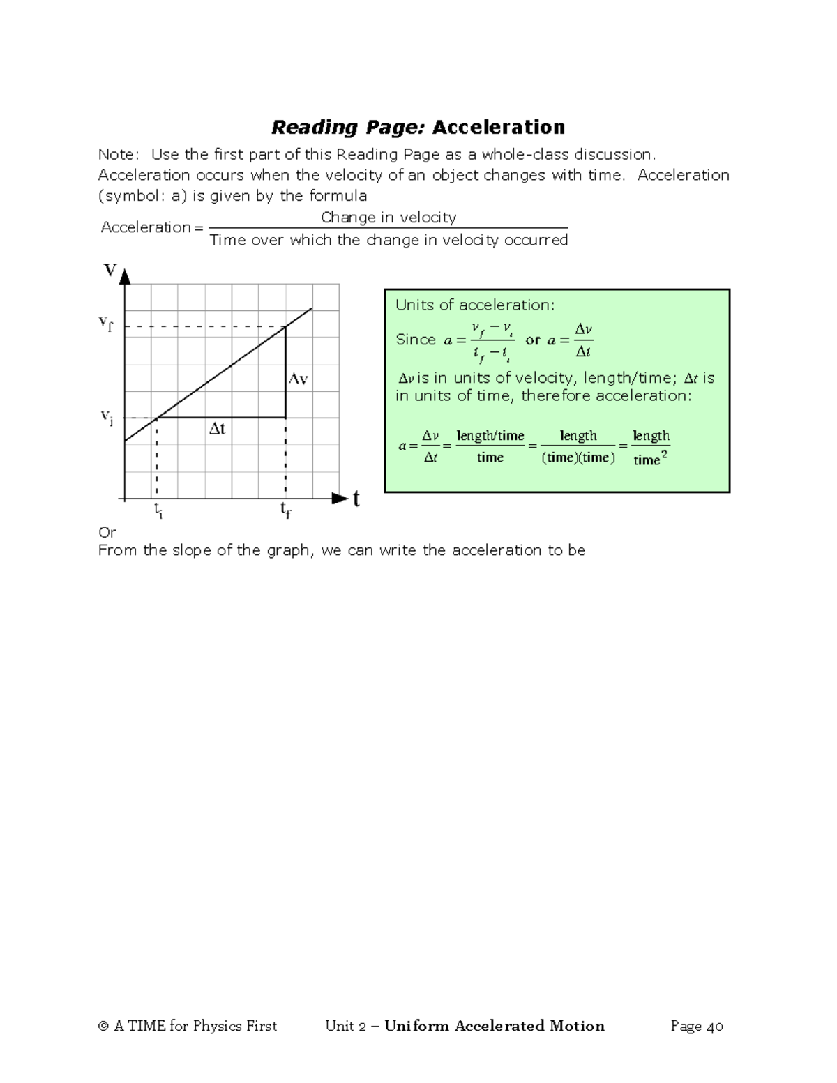 Reading Page Acceleration - A TIME for Physics First Unit 2 – Uniform ...