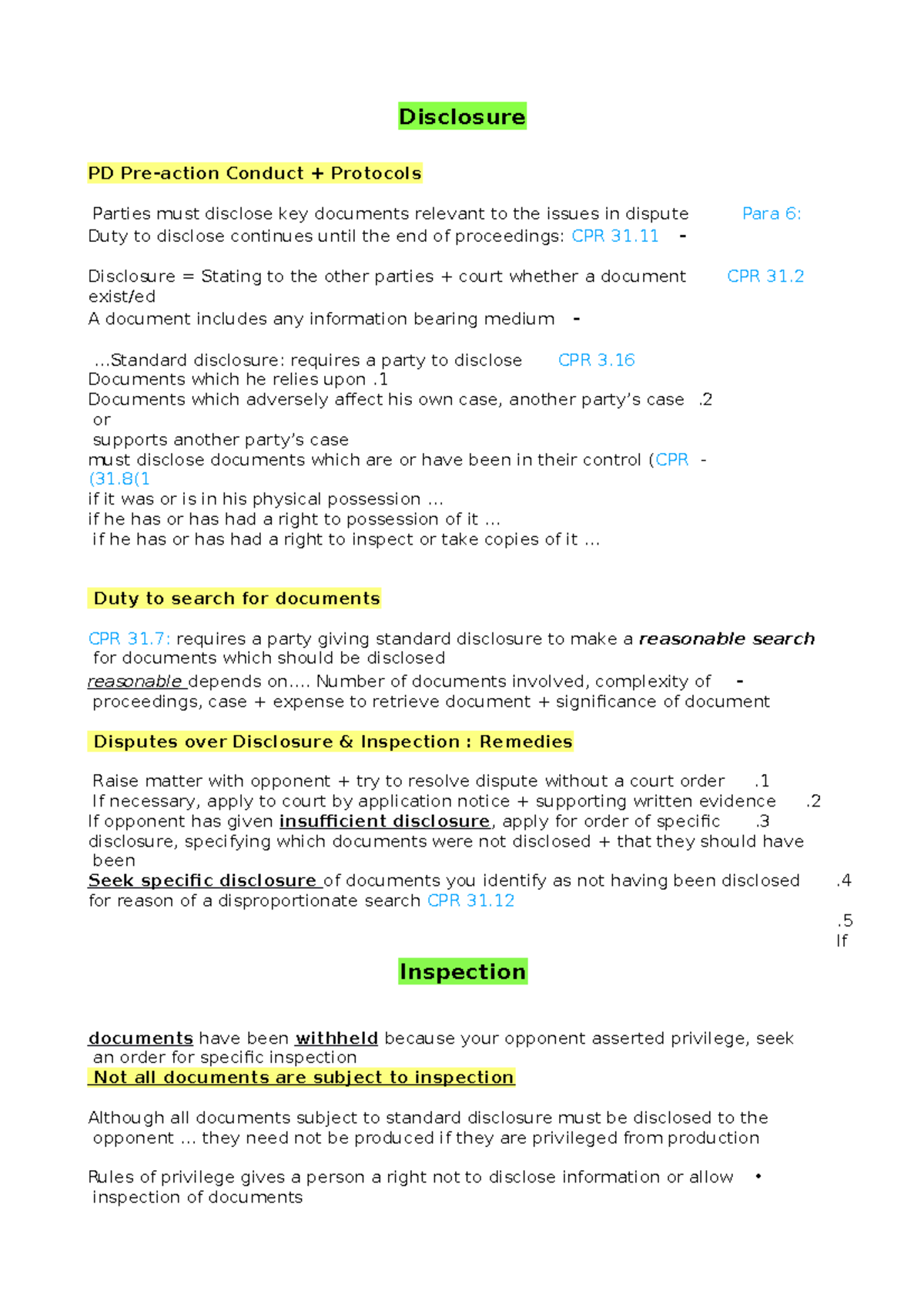 Civil Lit Disclosure & Inspection summary - PD Pre-action Conduct ...