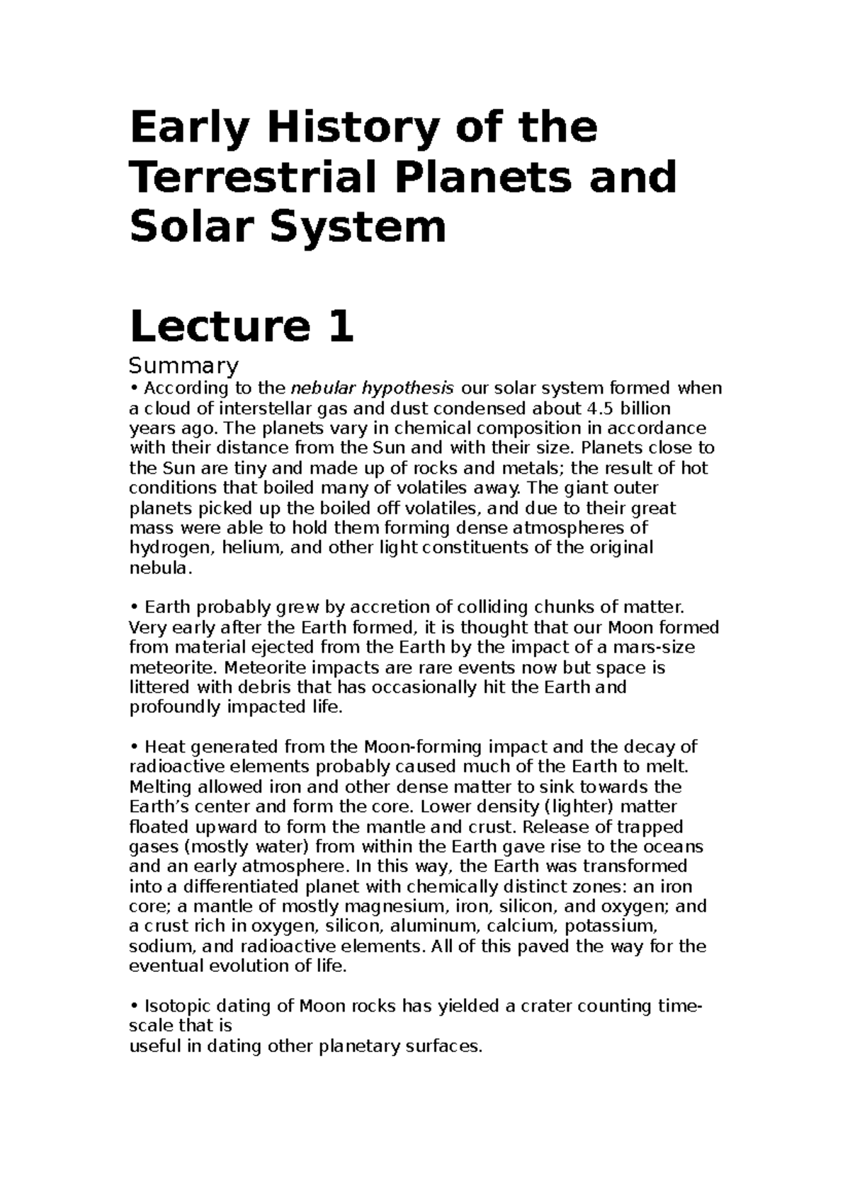 Summary Notes L1 - L1 Early History of the Terrestrial Planets and ...