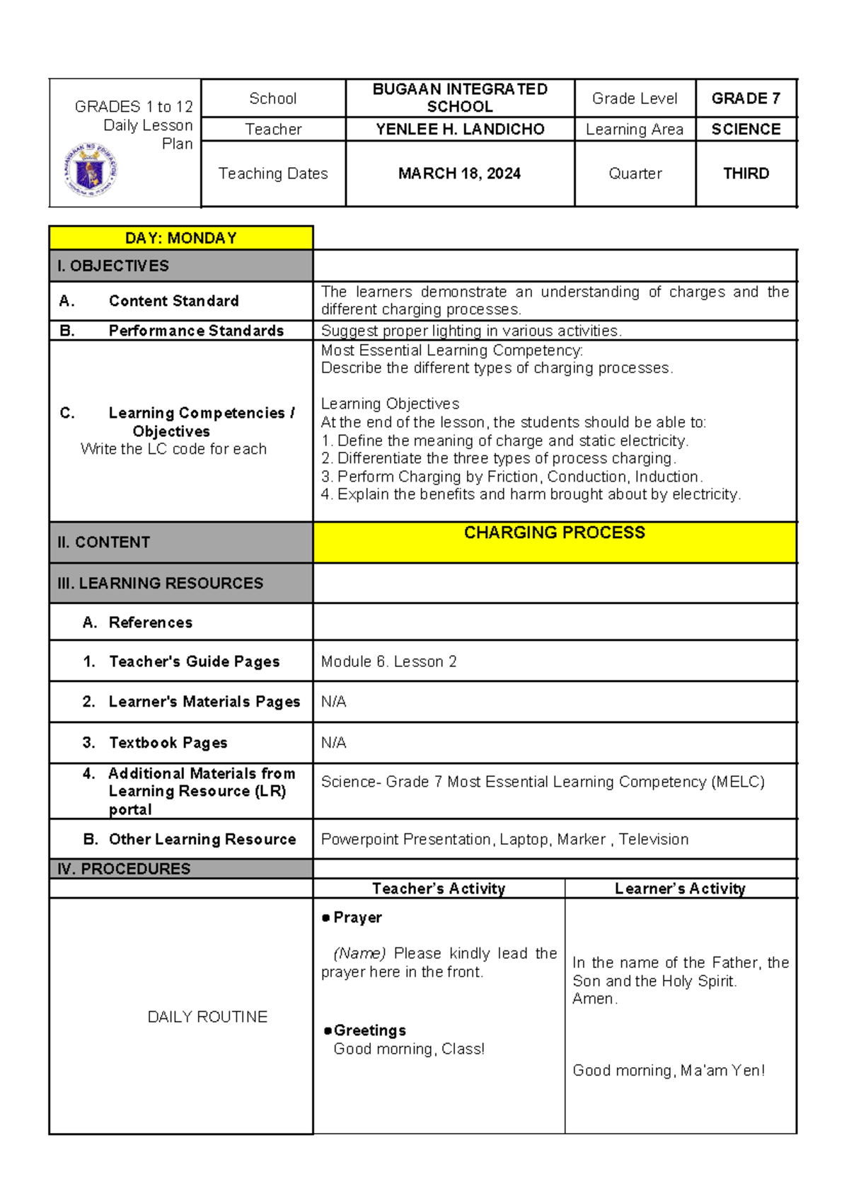 G7 Charging Processess 3 - GRADES 1 to 12 Daily Lesson Plan School ...