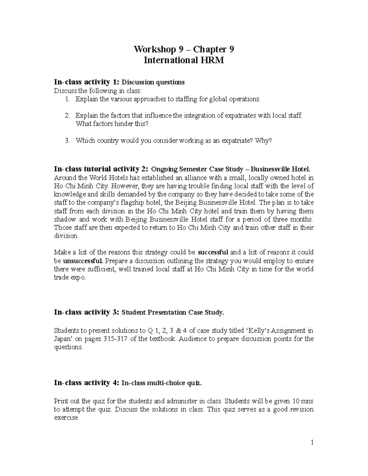 Workshop 9 international HRM - Workshop 9 – Chapter 9 International HRM ...