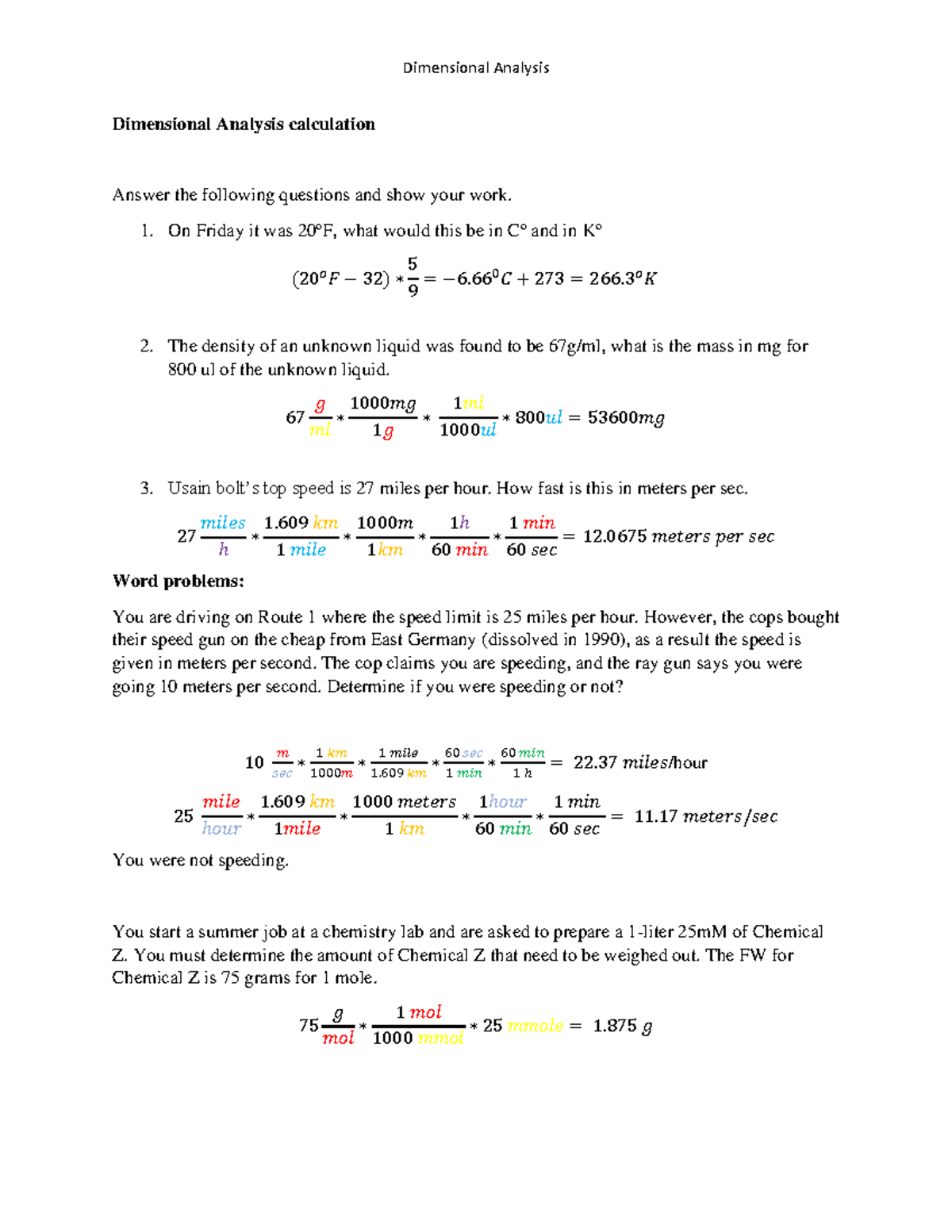 Week 1 Discussion Key - Dimensional Analysis Dimensional Analysis ...