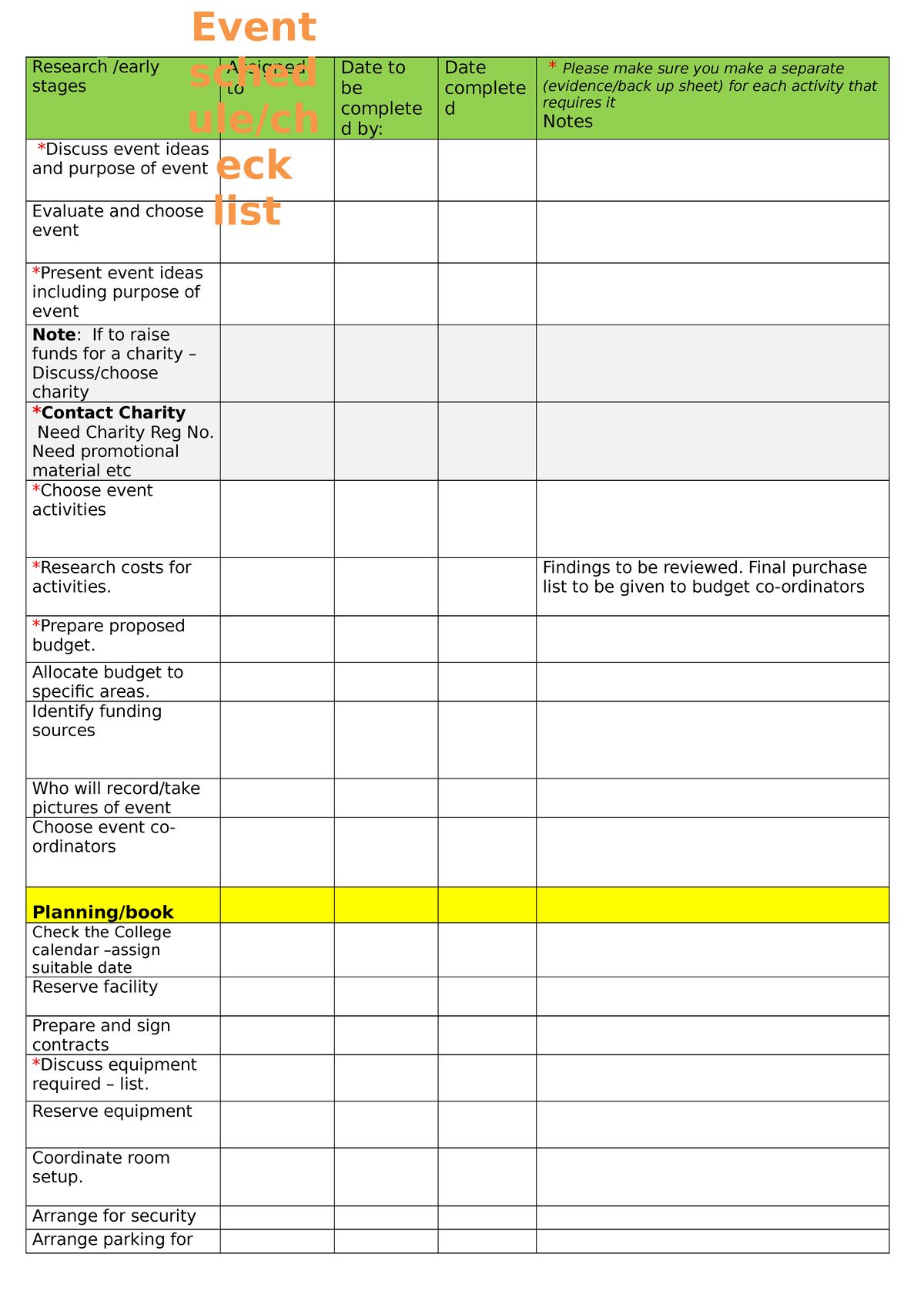 Event schedule-check list - Research /early stages Assigned to Date to ...