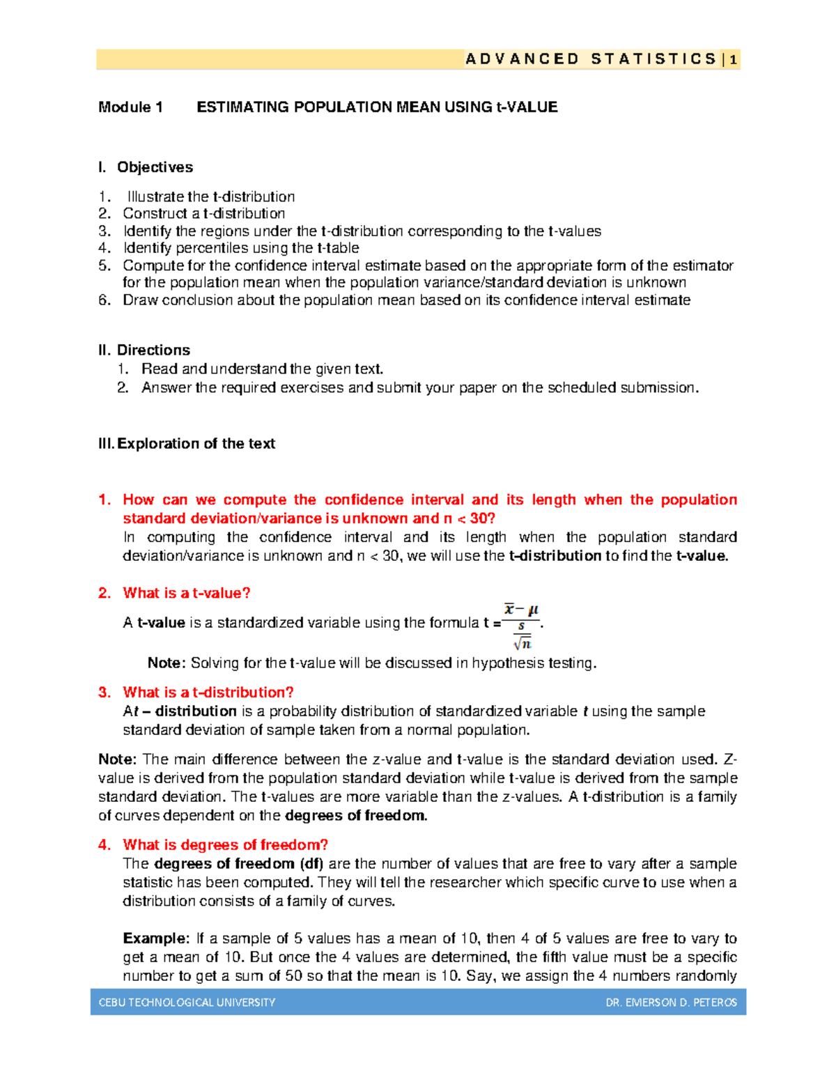 Module 1 Estimating Population Mean Using T Value Module 1 Estimating Population Mean Using