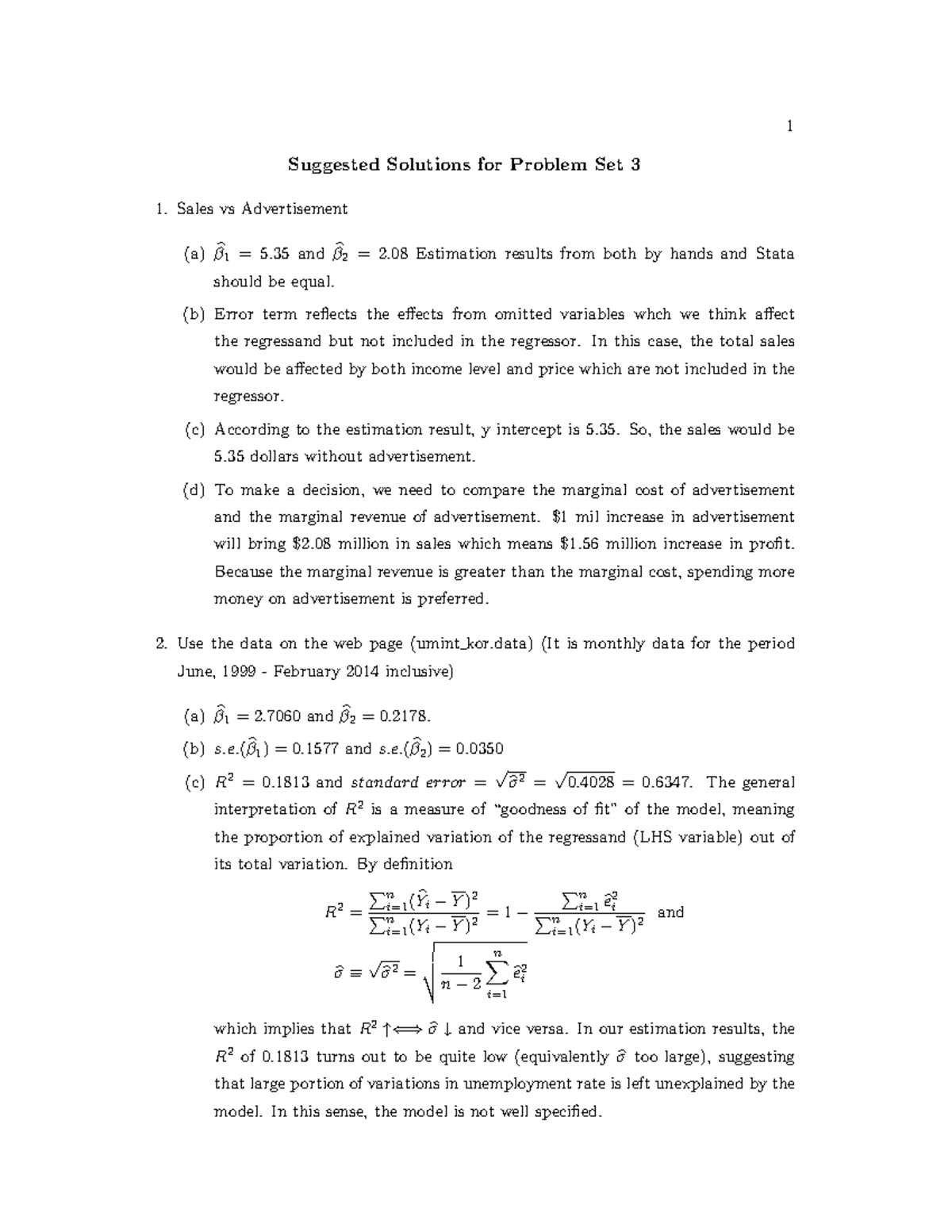 [Econometrics]-Problem Set 3 Sol - Suggested Solutions for Problem Set 3 Sales vs Advertisement ...