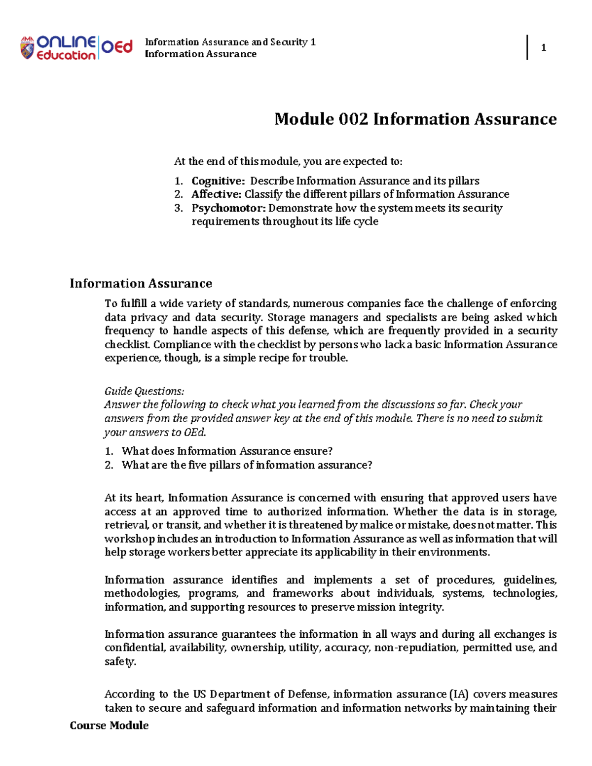 Information Assurance M2 - Information Assurance 1 Module 0 02 Information Assurance At the end ...
