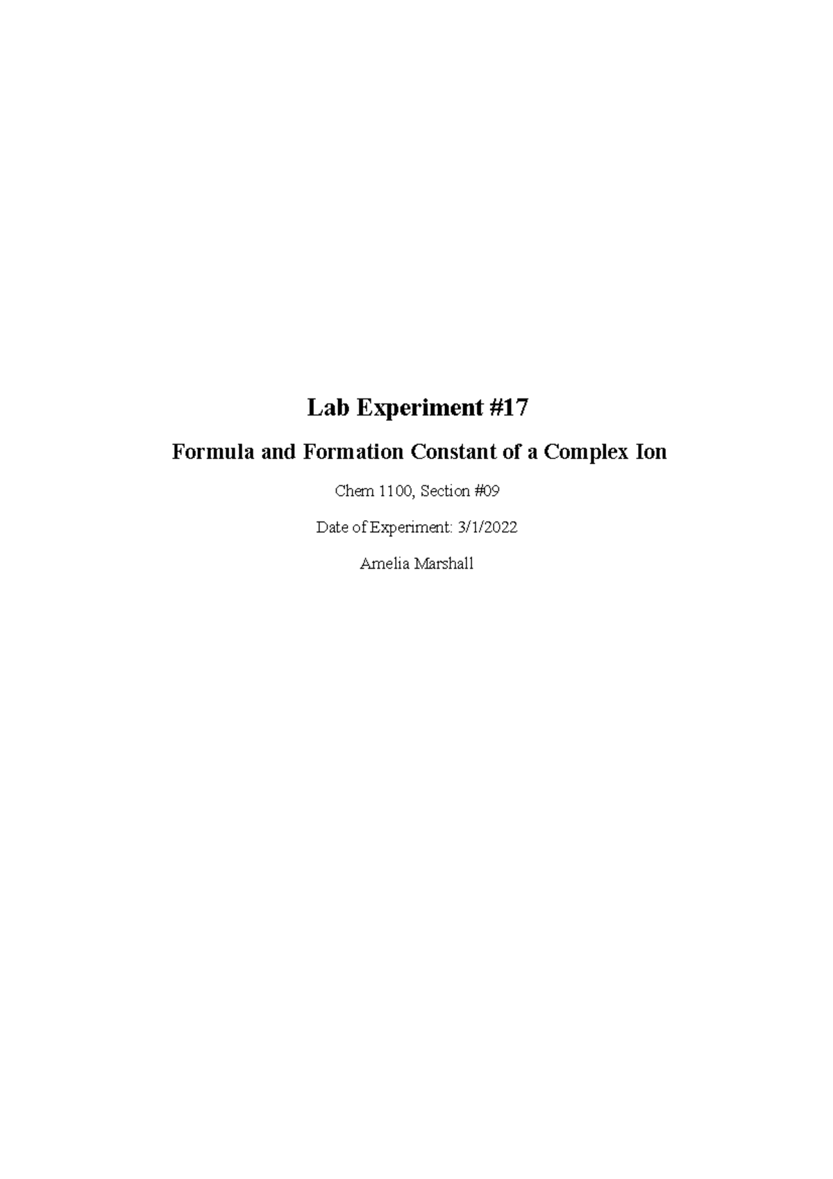 Lab Experiment #13 - Lab report Formula and Formation Constant of a ...