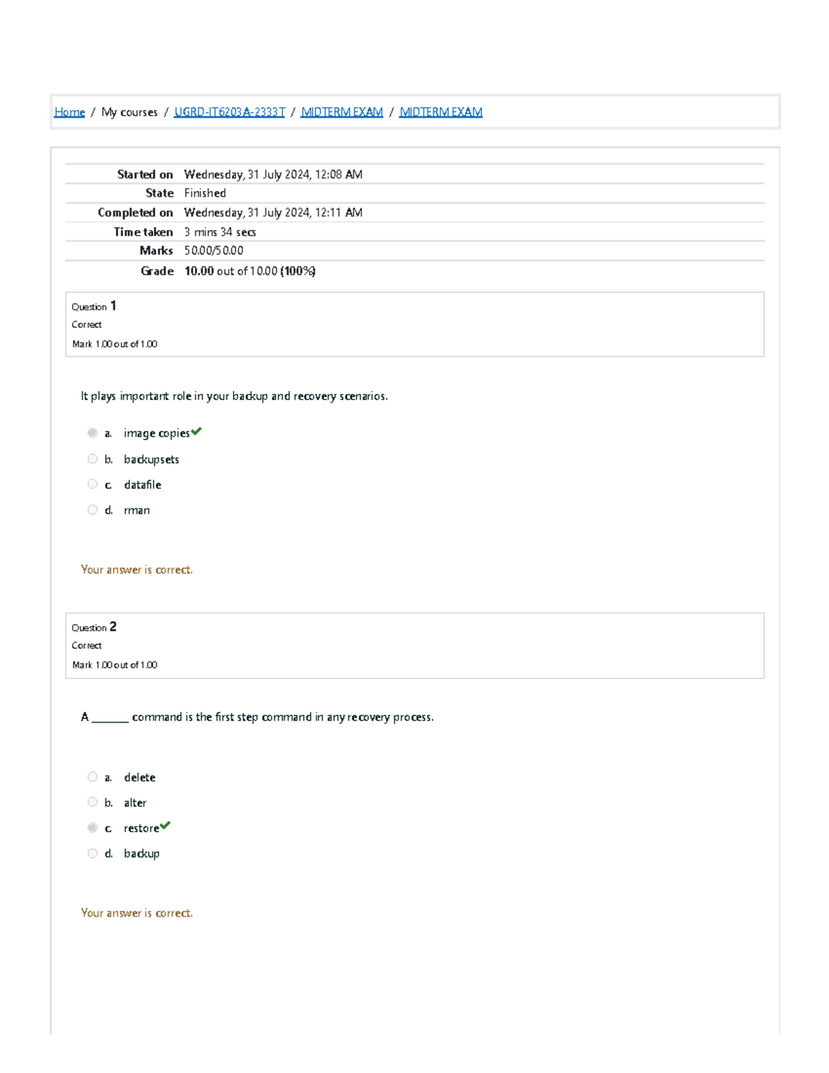 Advance Database - exam - Home / My courses / UGRD-IT6203A-2333T ...