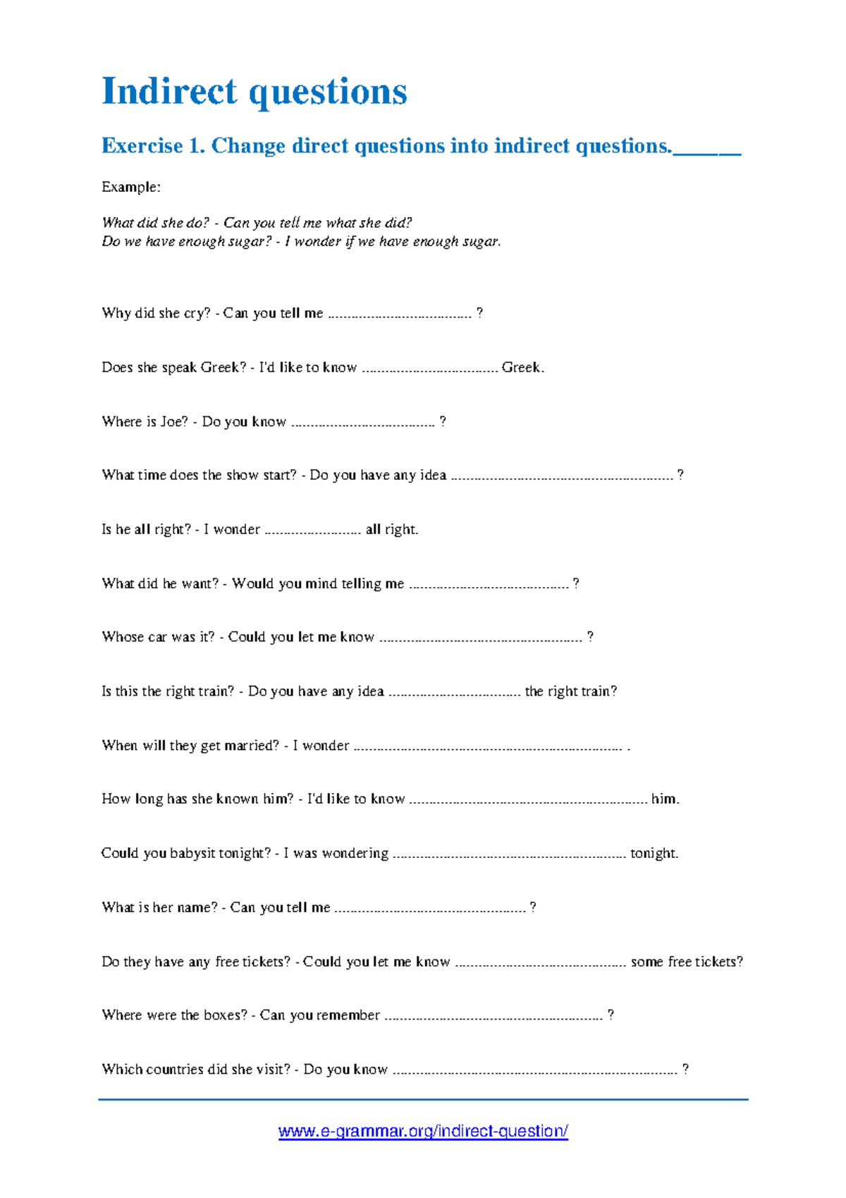 Indirect questions exercise 1 - e-grammar/indirect-question/ Indirect questions Exercise 1 ...