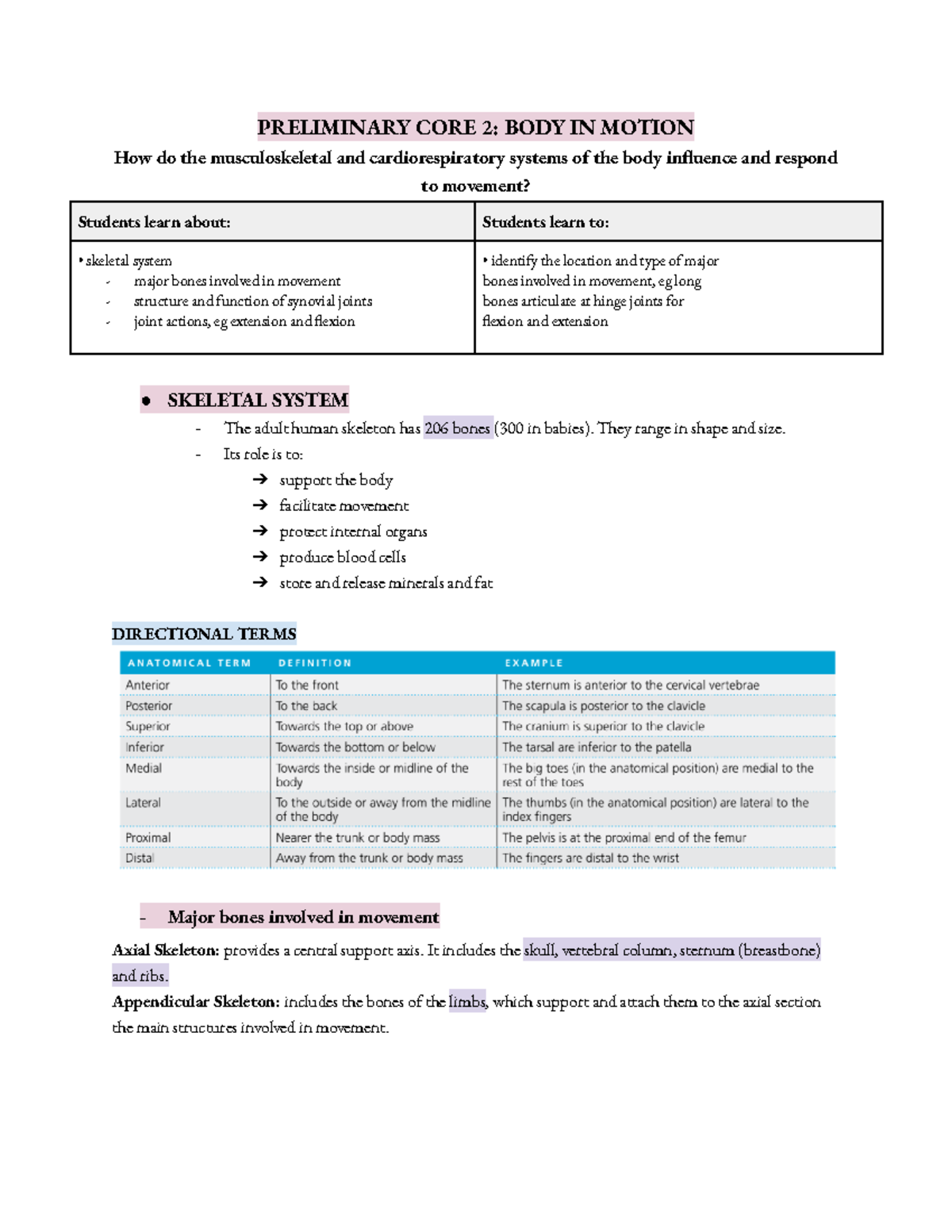 Summary OF Preliminary CORE 2 BODY IN Motion - PRELIMINARY CORE 2: BODY ...