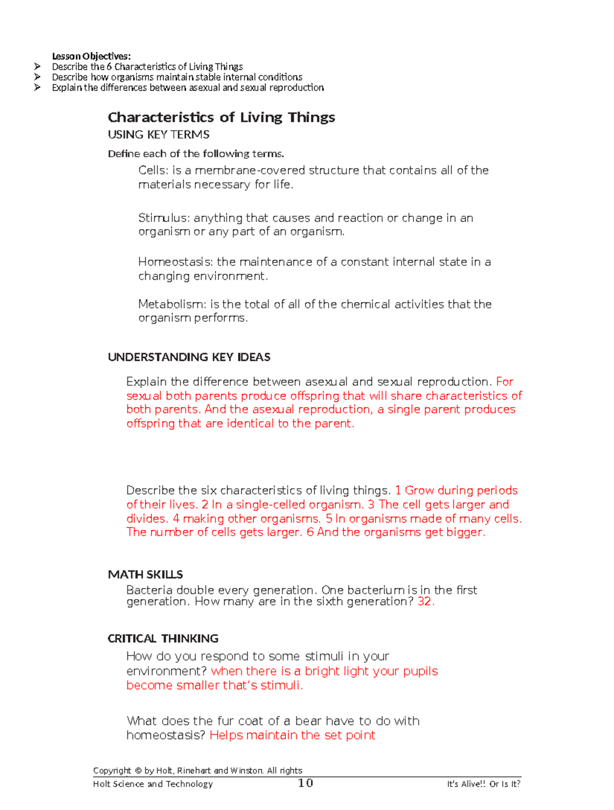 Chapter 16 Notes - Characteristics of Living Things-3 - Copyright © by ...