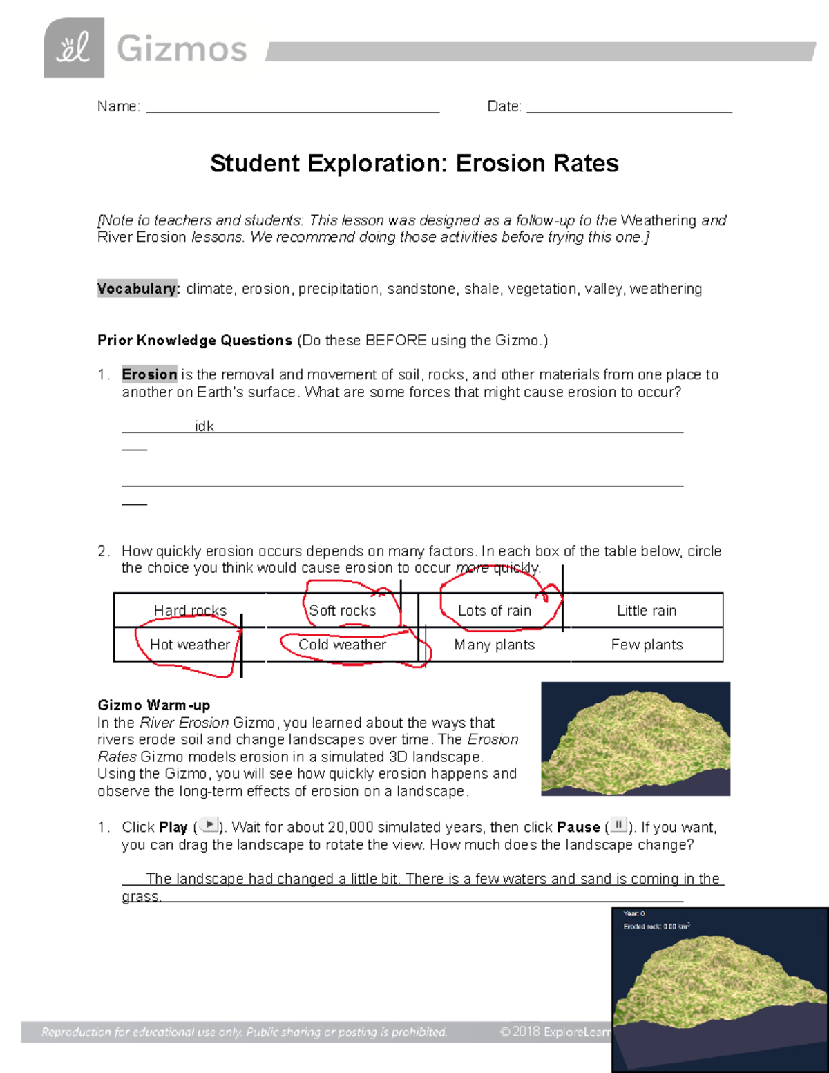 Erosion Rates SE WORK - easy work - Name: Date: Student Exploration ...