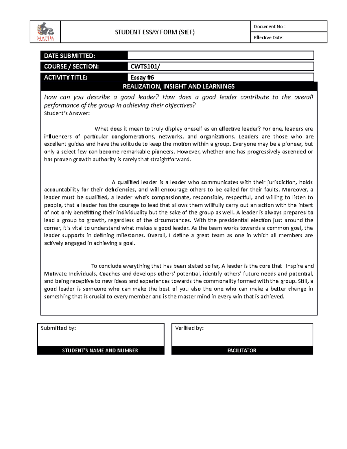Form - CWTS101 Essay #6 - STUDENT ESSAY FORM (StEF) Document No ...