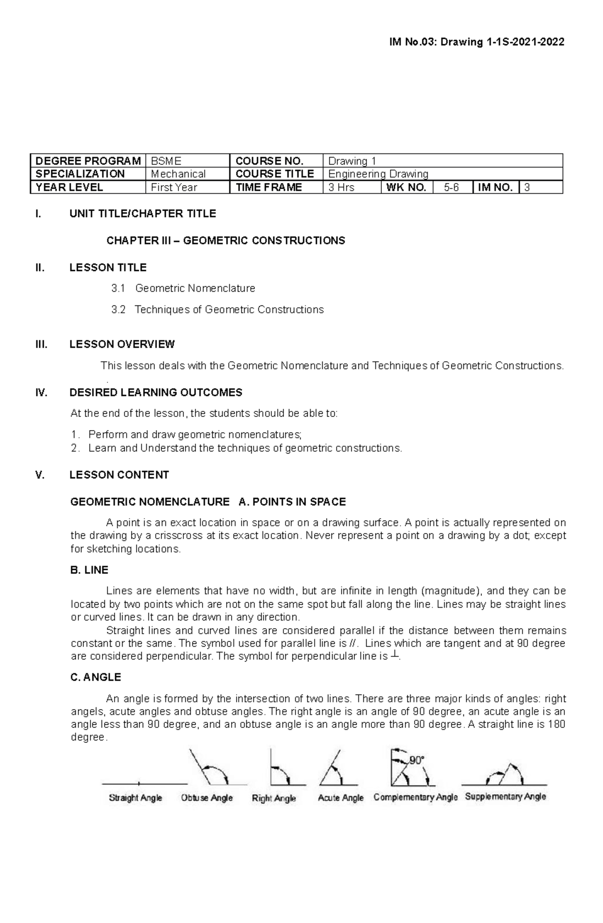 Eng Dwng Week 5-6 - week 5-6 - DEGREE PROGRAM BSME COURSE NO. Drawing 1 SPECIALIZATION ...