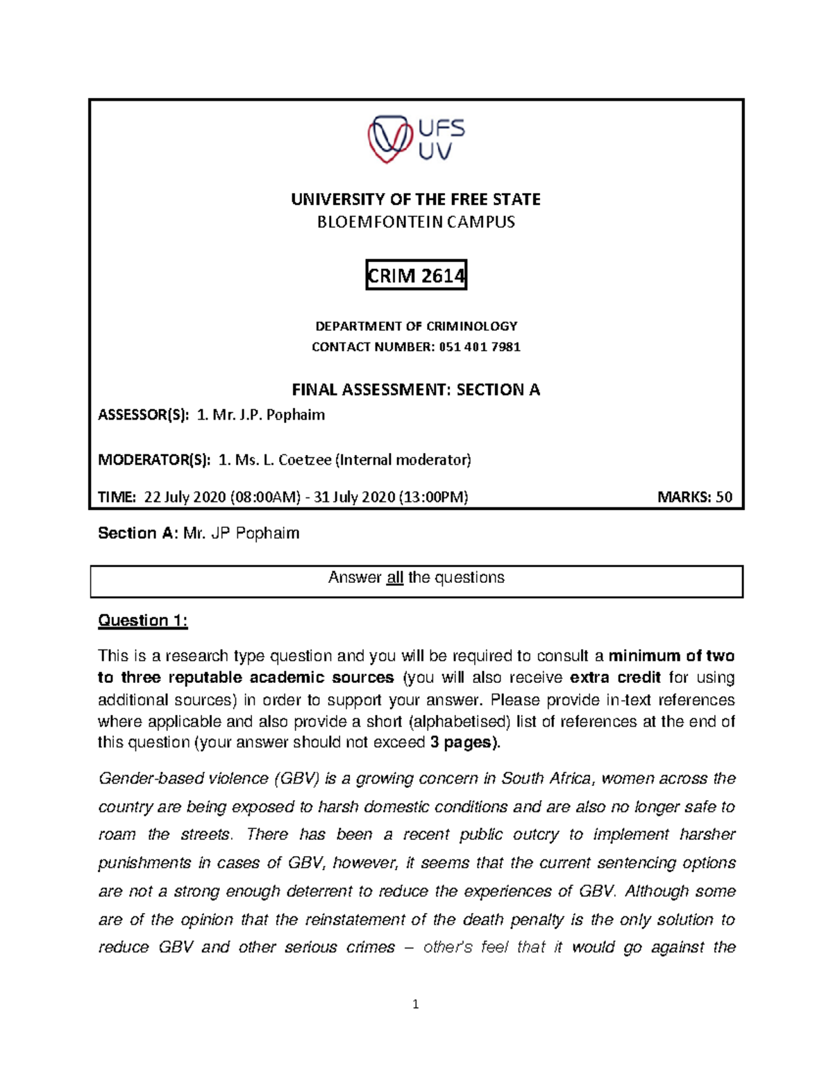 CRIM Section A Question Papers Assessment - CRIM3714 - UFS UV - Studocu
