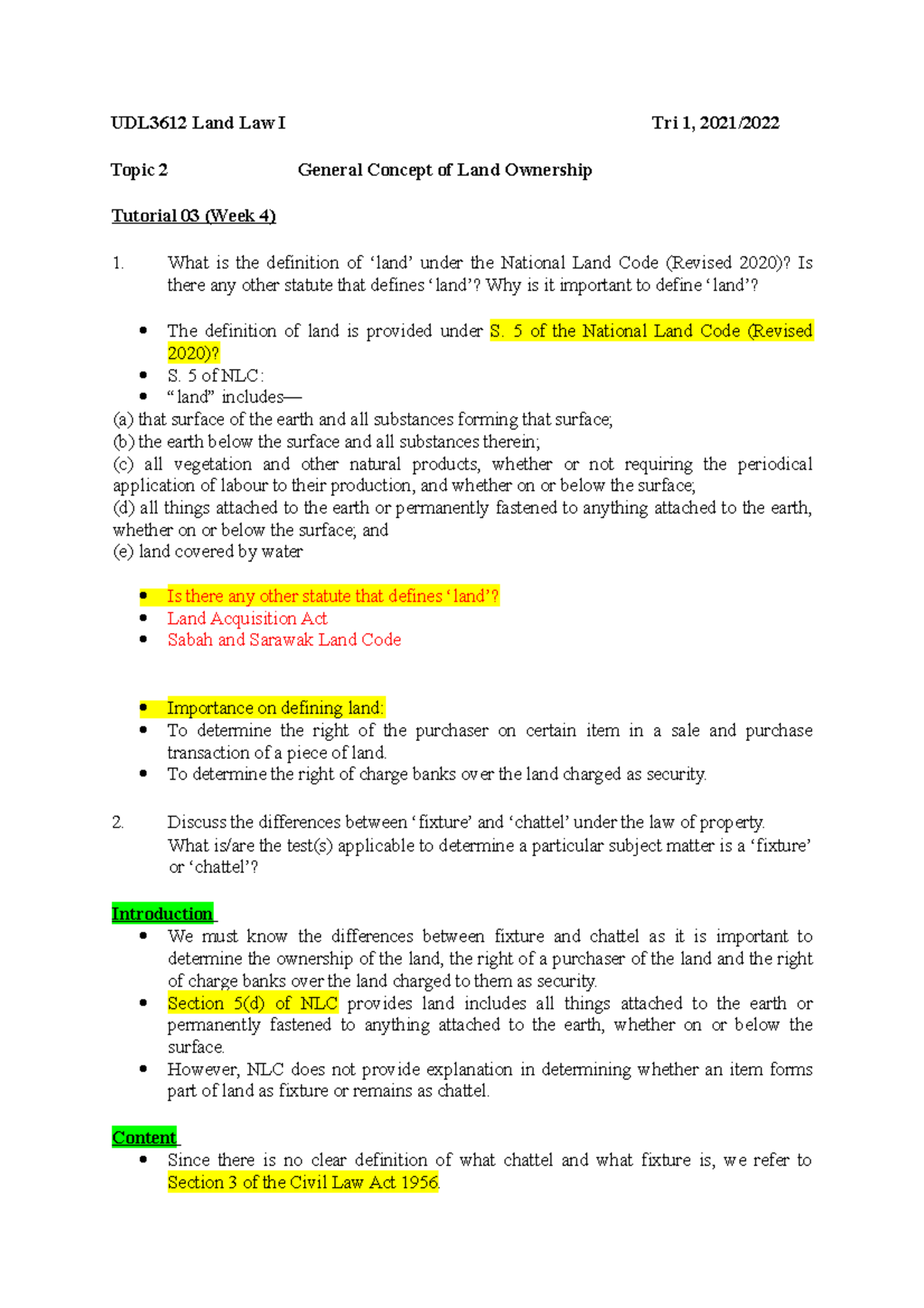 Tutorial 3 (Week 5) - UDL3612 Land Law I Tri 1, 2021/ Topic 2 General Concept of Land Ownership ...