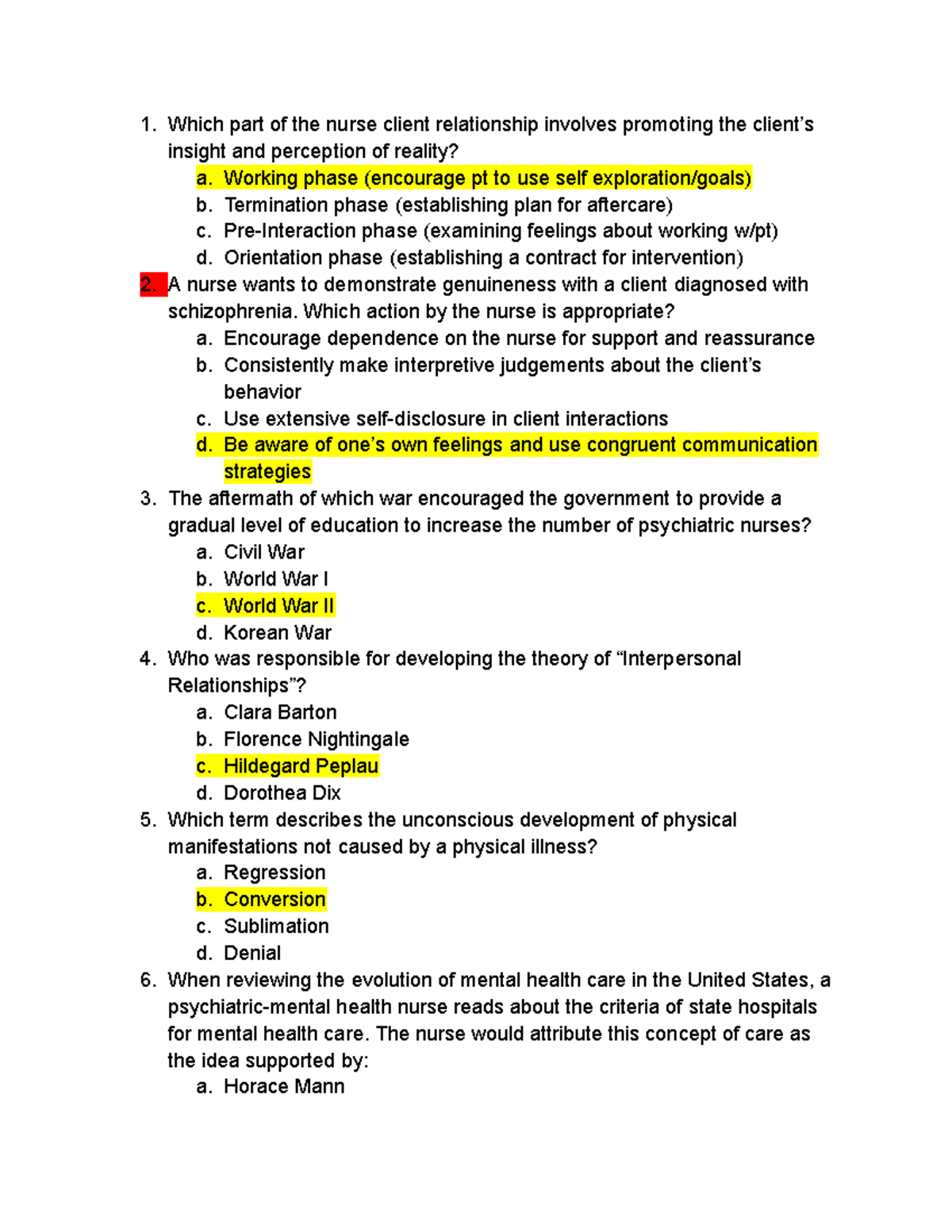 MH Exam 1 Answered - Exam questions - Which part of the nurse client ...