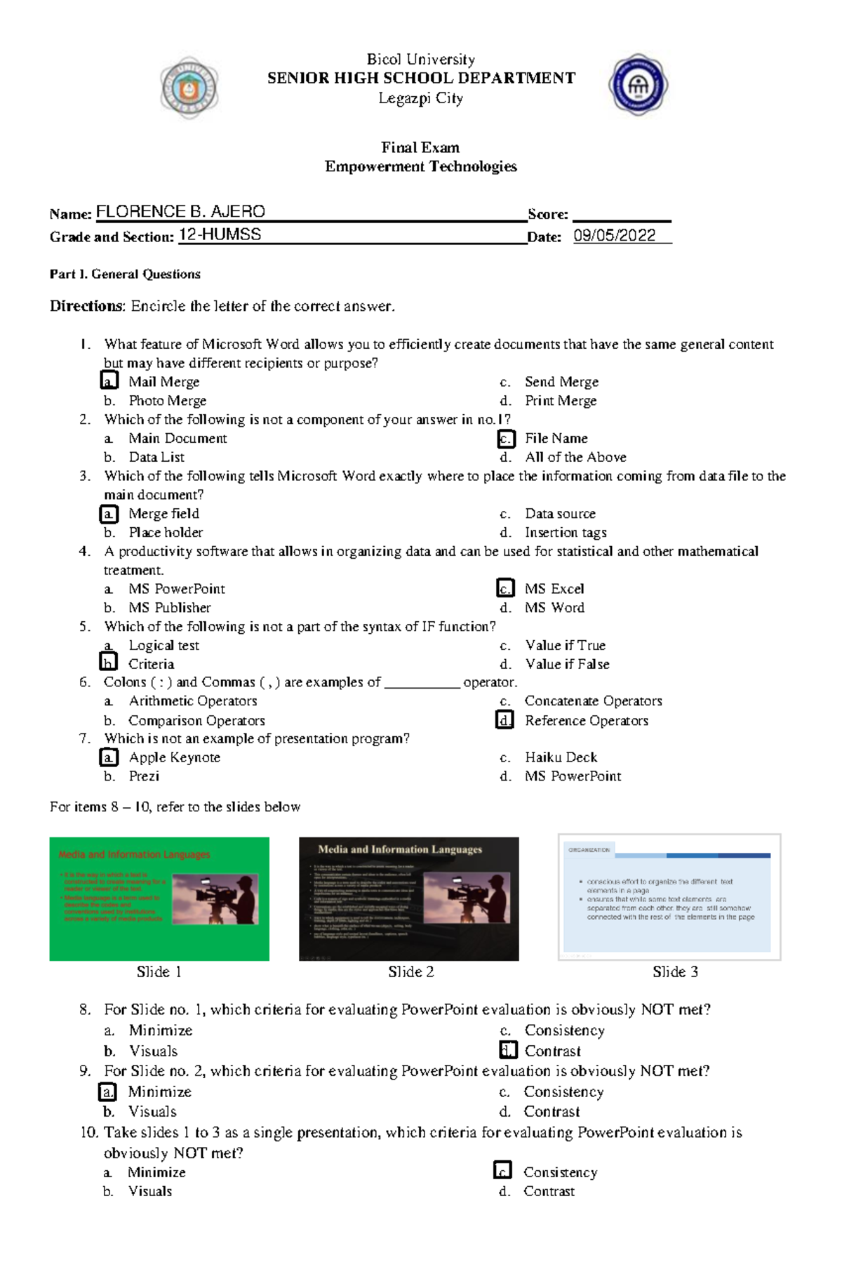Florence B. Ajero Emtech Final EXAM 12- Humss - Bicol University SENIOR HIGH SCHOOL DEPARTMENT ...