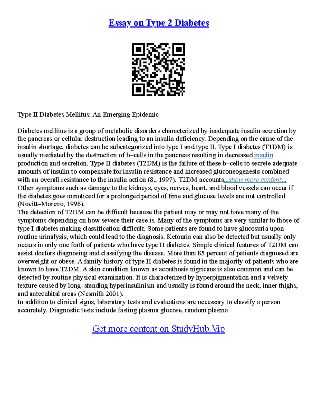 Essay On Type 2 Diabetes - Essay on Type 2 Diabetes Type II Diabetes ...