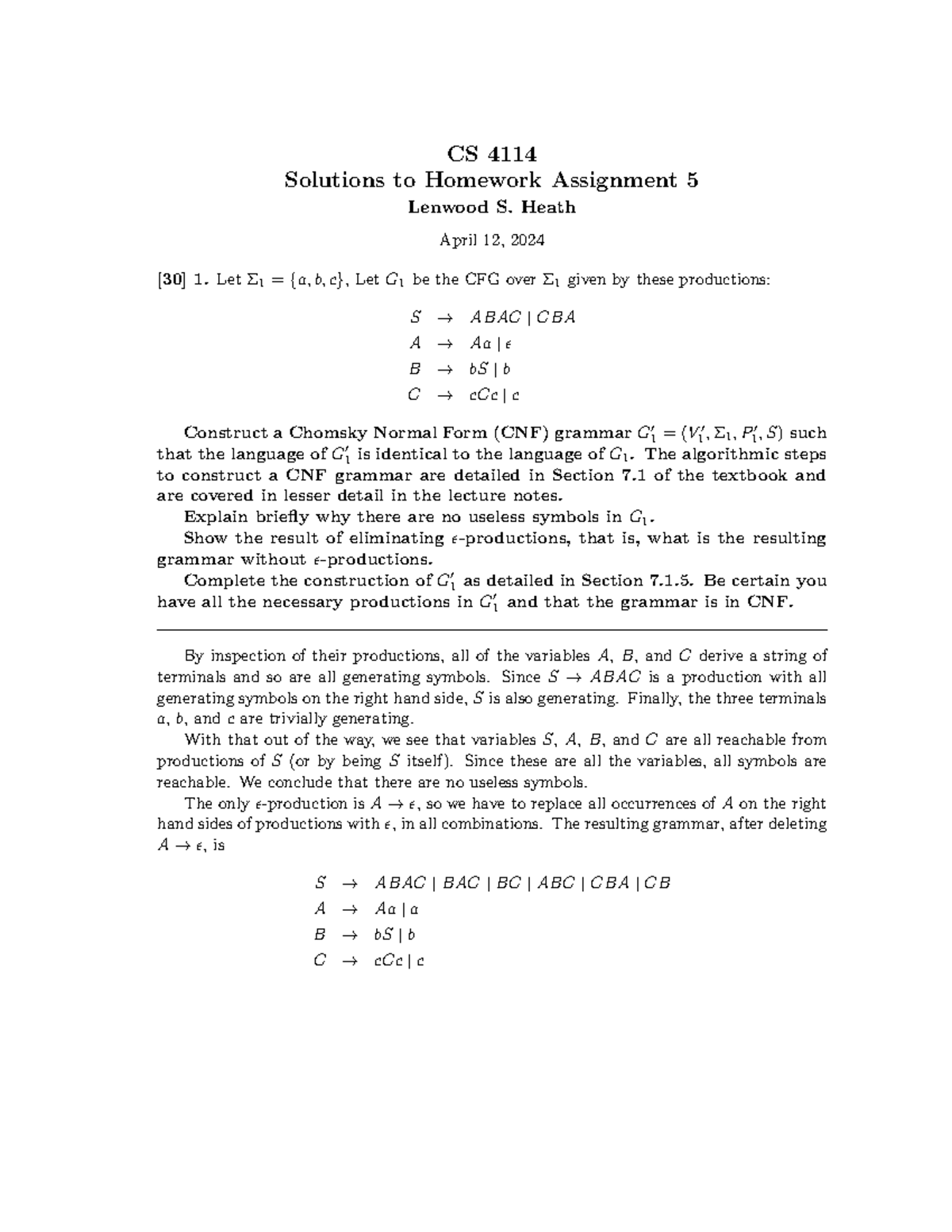 Solvehw 5 - sols - CS 4114 Solutions to Homework Assignment 5 Lenwood S. Heath April 12, 2024 ...