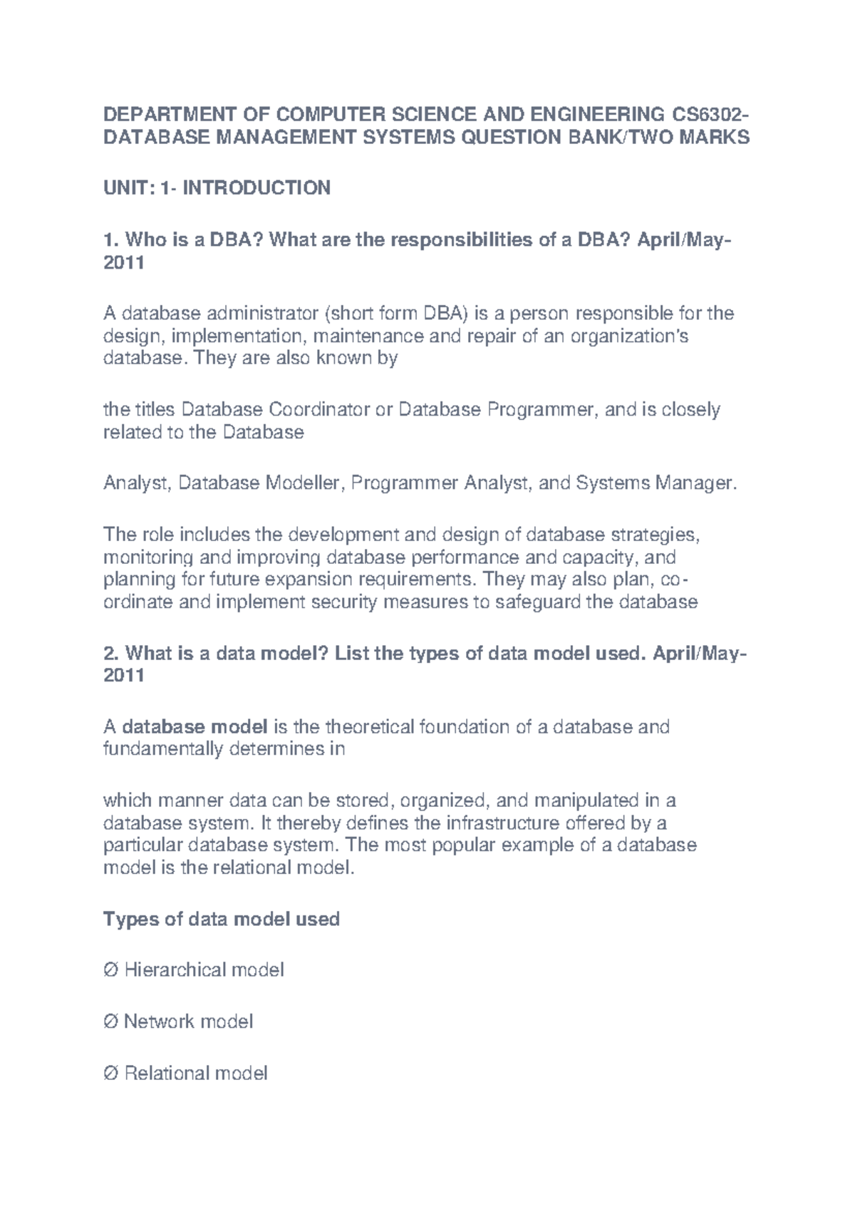 Dbms all units 2 marks - DEPARTMENT OF COMPUTER SCIENCE AND ENGINEERING CS6302- DATABASE ...