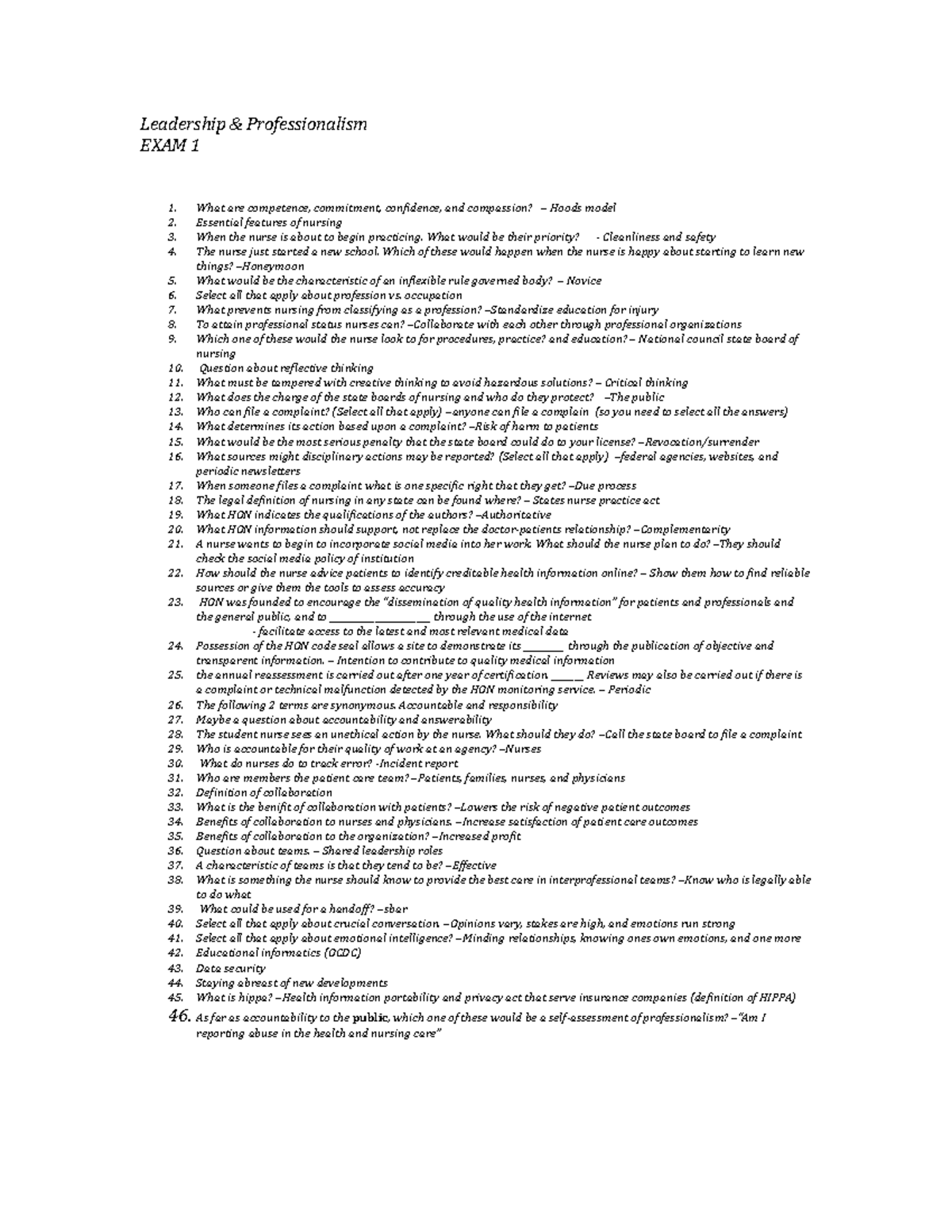 Leadership & Professionalism EXAM 1 questions - Leadership ...