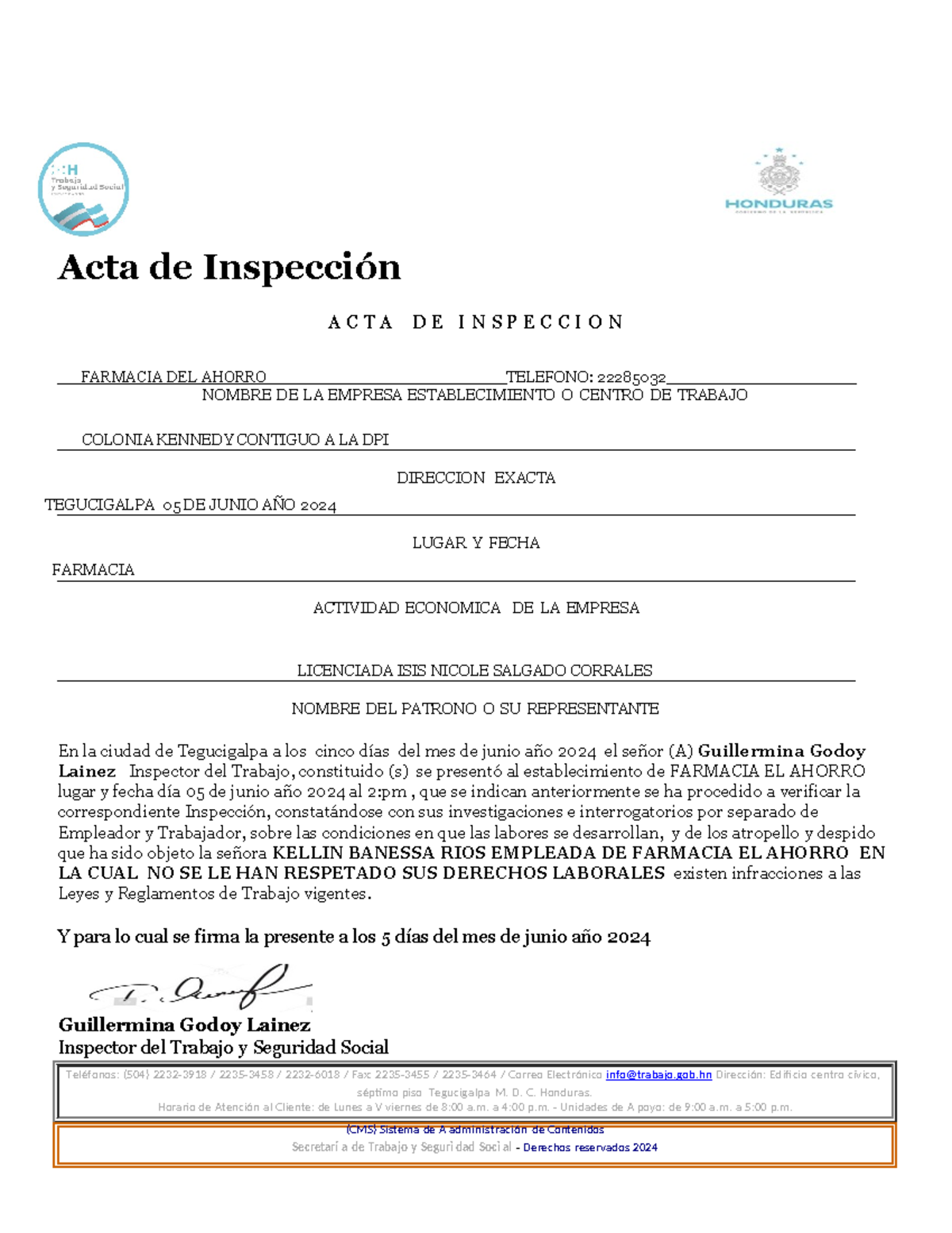 ACTA-DE- Inspeccion WORD - Acta de Inspección A C T A D E I N S P E C C I O N FARMACIA DEL ...