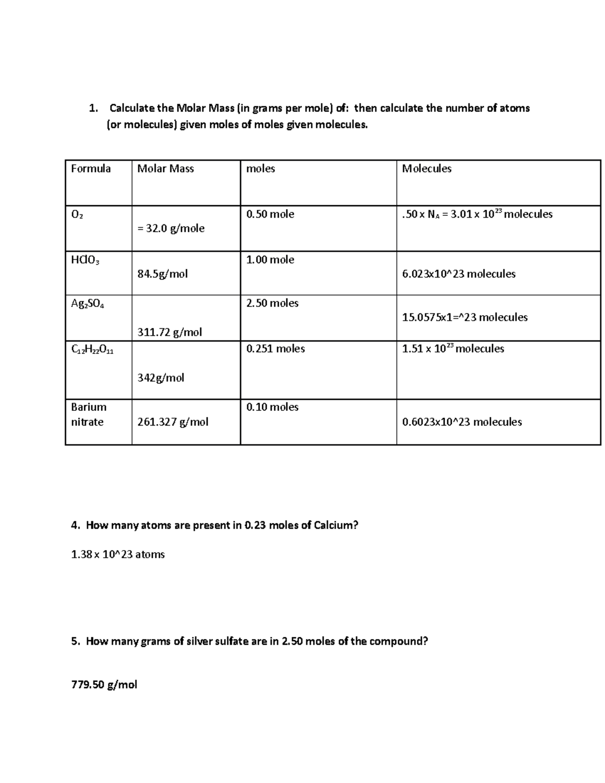 CHM111 Molar Mass Practice Calculate The Molar Mass in Grams Per